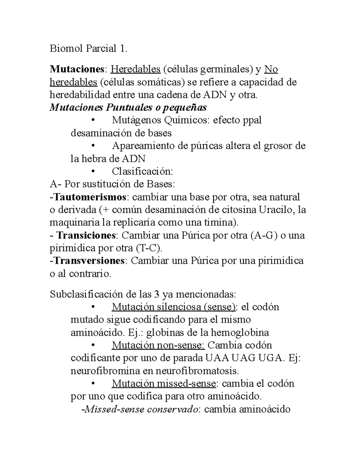 Biomol Parcial 1 - Mutaciones y ciclo celular - Biomol Parcial 1. Mutaciones: Heredables ...