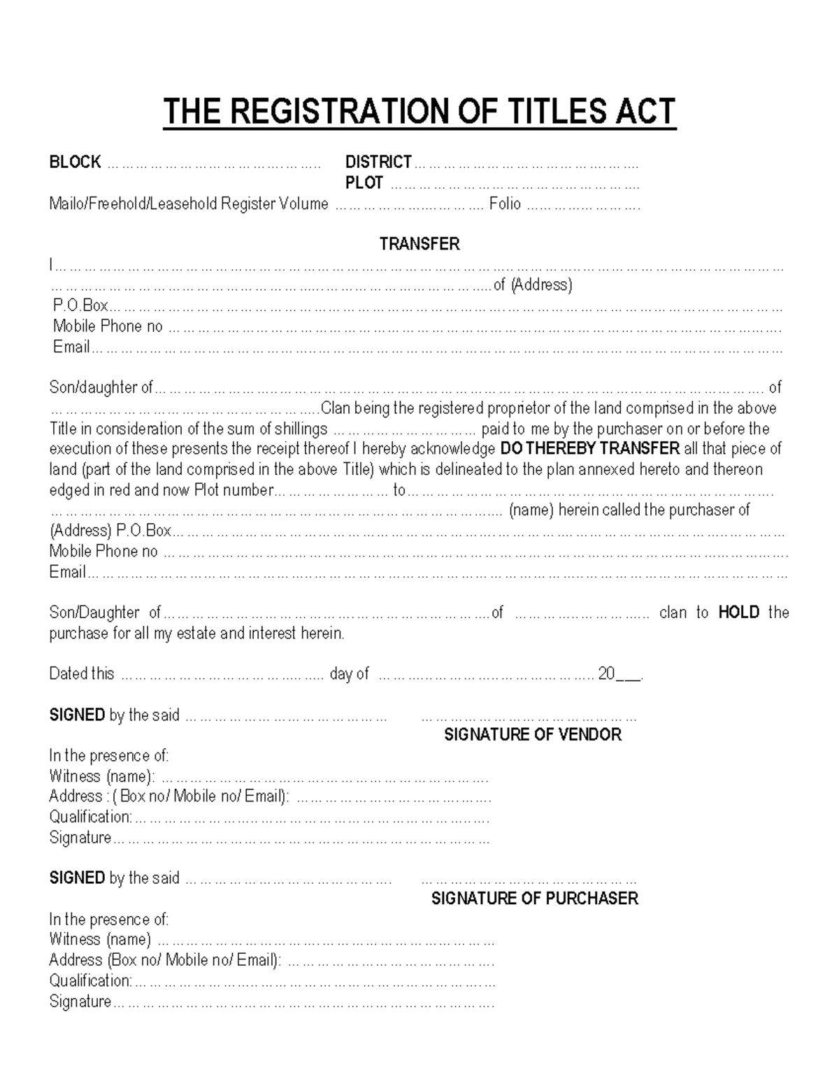 Land Transfer form 2016 - THE REGISTRATION OF TITLES ACT BLOCK - Studocu