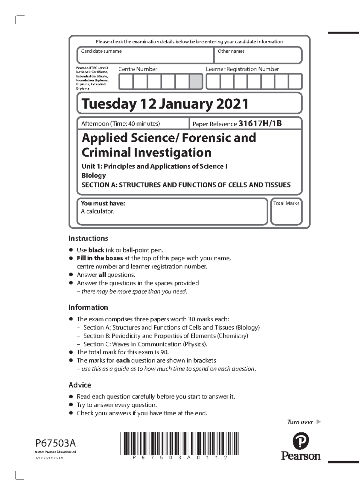 KS5 BTEC Unit 1 Biology Paper JAN 2021 - 31617 H 1B 0121 QU - P67503A0112 P67503A ©2021 Pearson ...