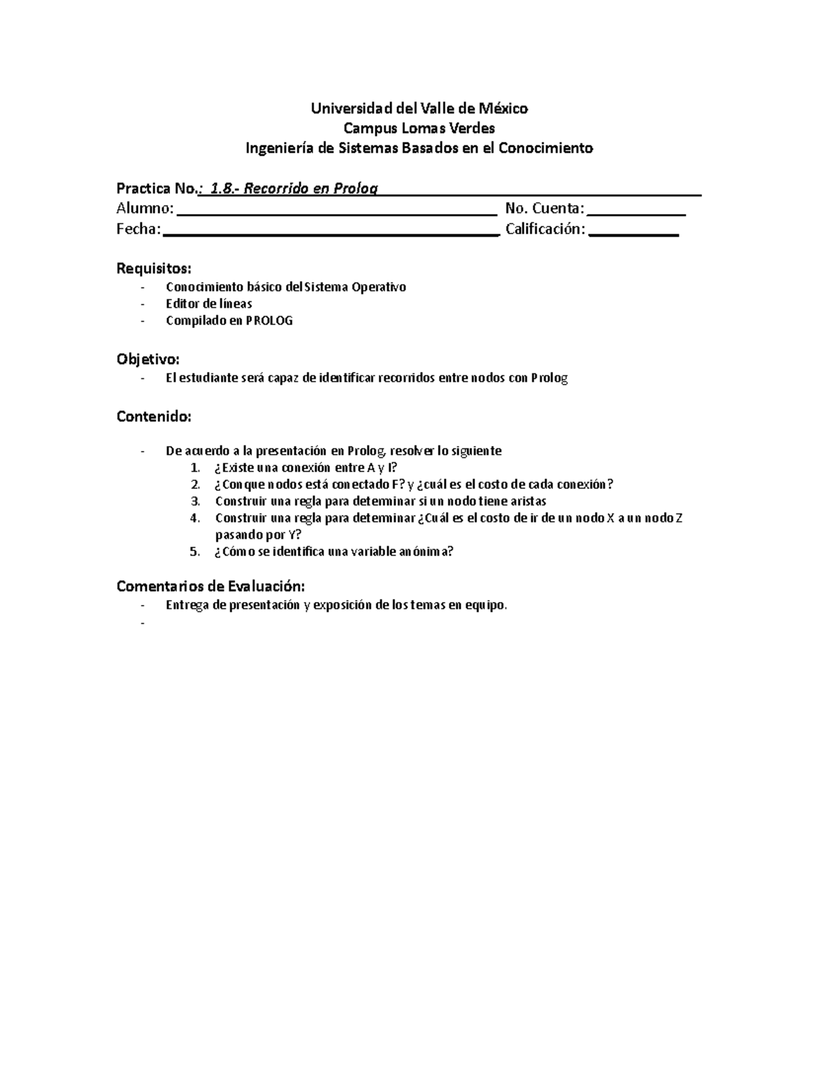 Practica No 1 8 Recorrido en Prolog - Universidad del Valle de México Campus Lomas Verdes ...