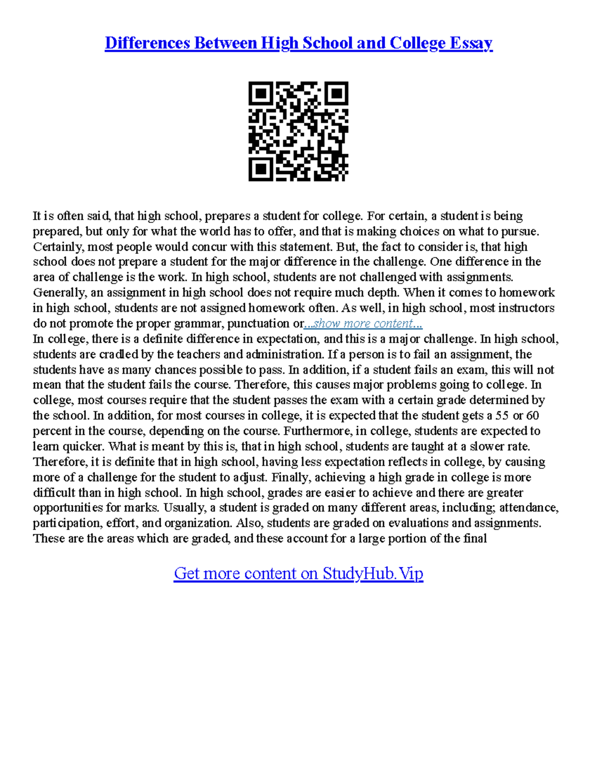 Compare And Contrast Essay About High School And College - Differences ...