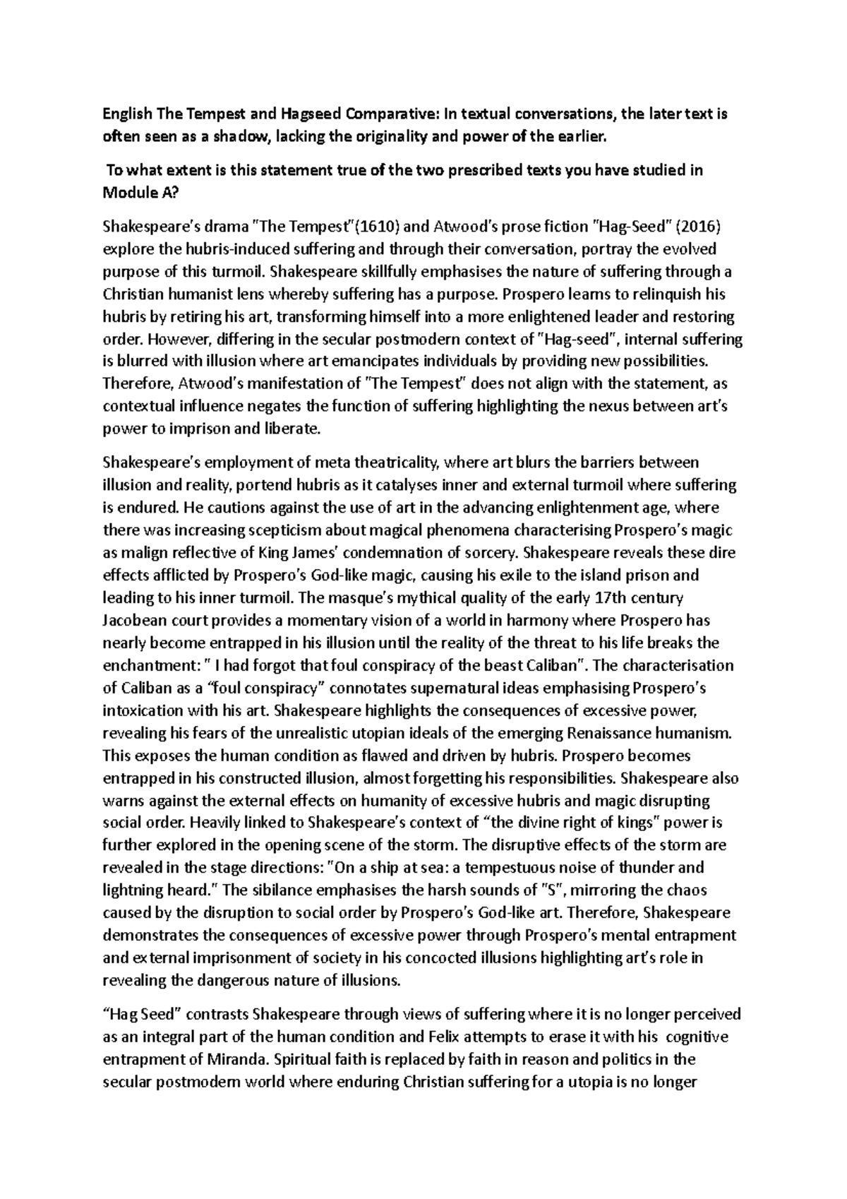 Task 3 Hagseed And Tempest Essay English The Tempest And Hagseed