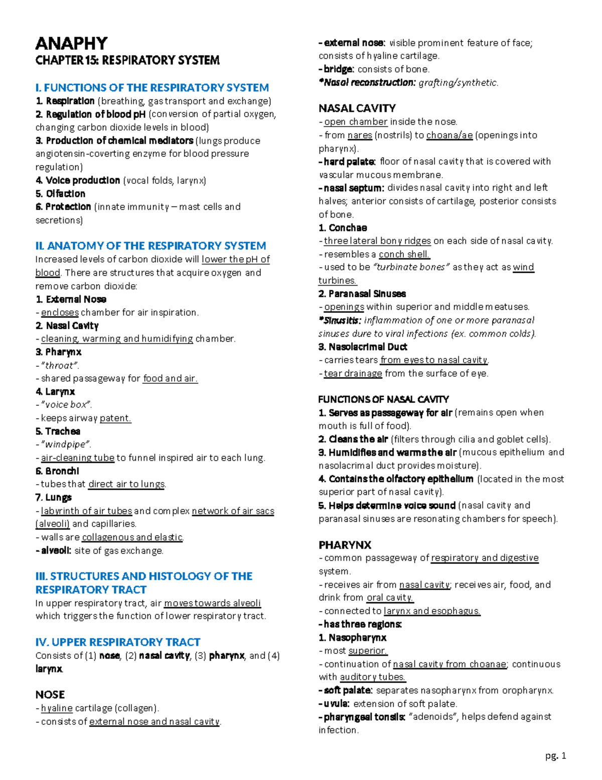Chapter 15 Respiratory System Ana Phy - I. FUNCTIONS OF THE RESPIRATORY ...