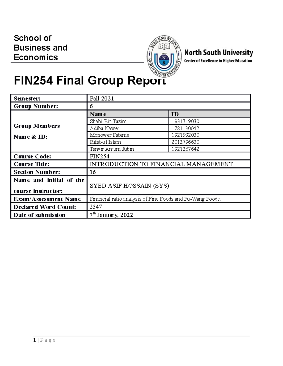 FIN254 Final Report Group 6 - School of Business and Economics FIN254 ...