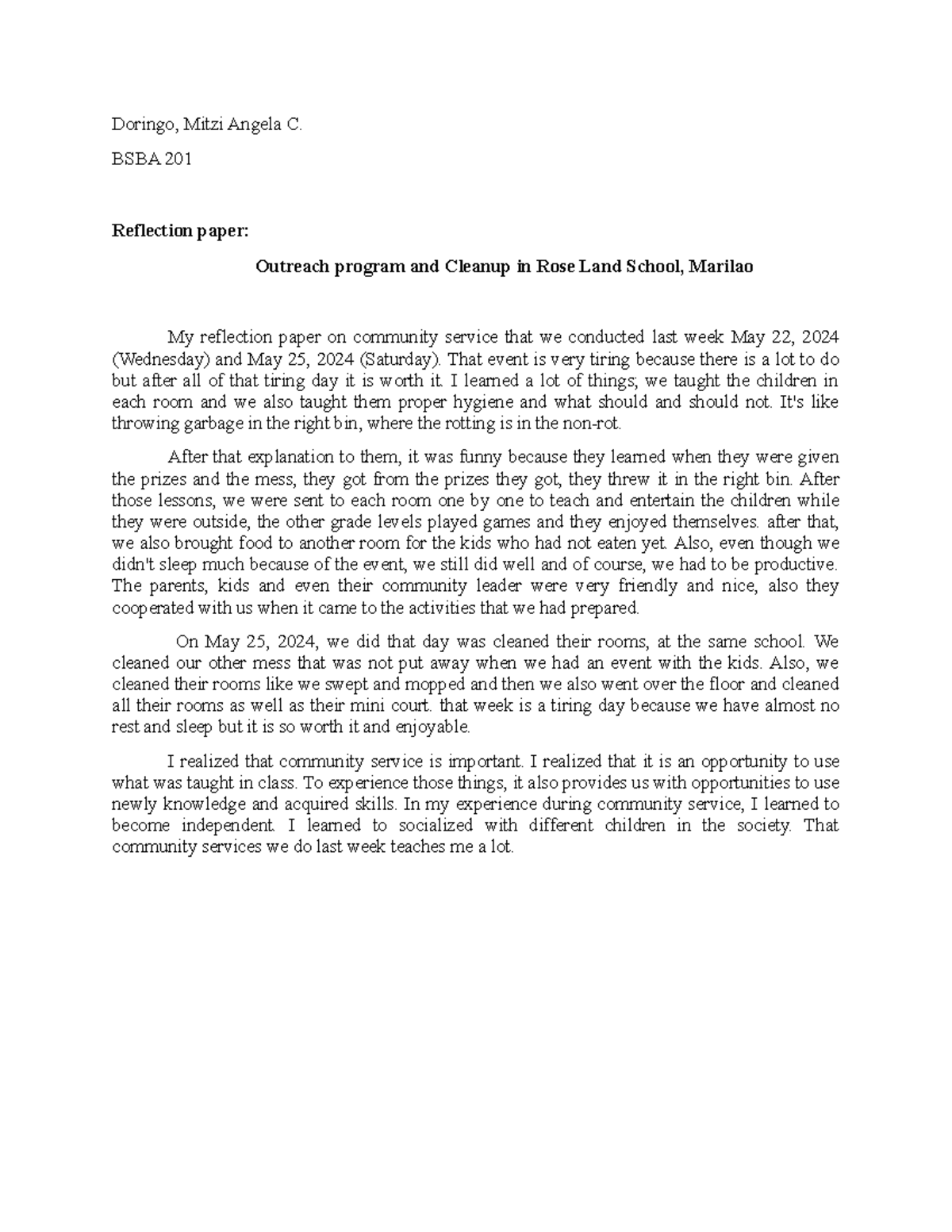 Doringo NSTP 2 Reflection paper - Doringo, Mitzi Angela C. BSBA 201 ...