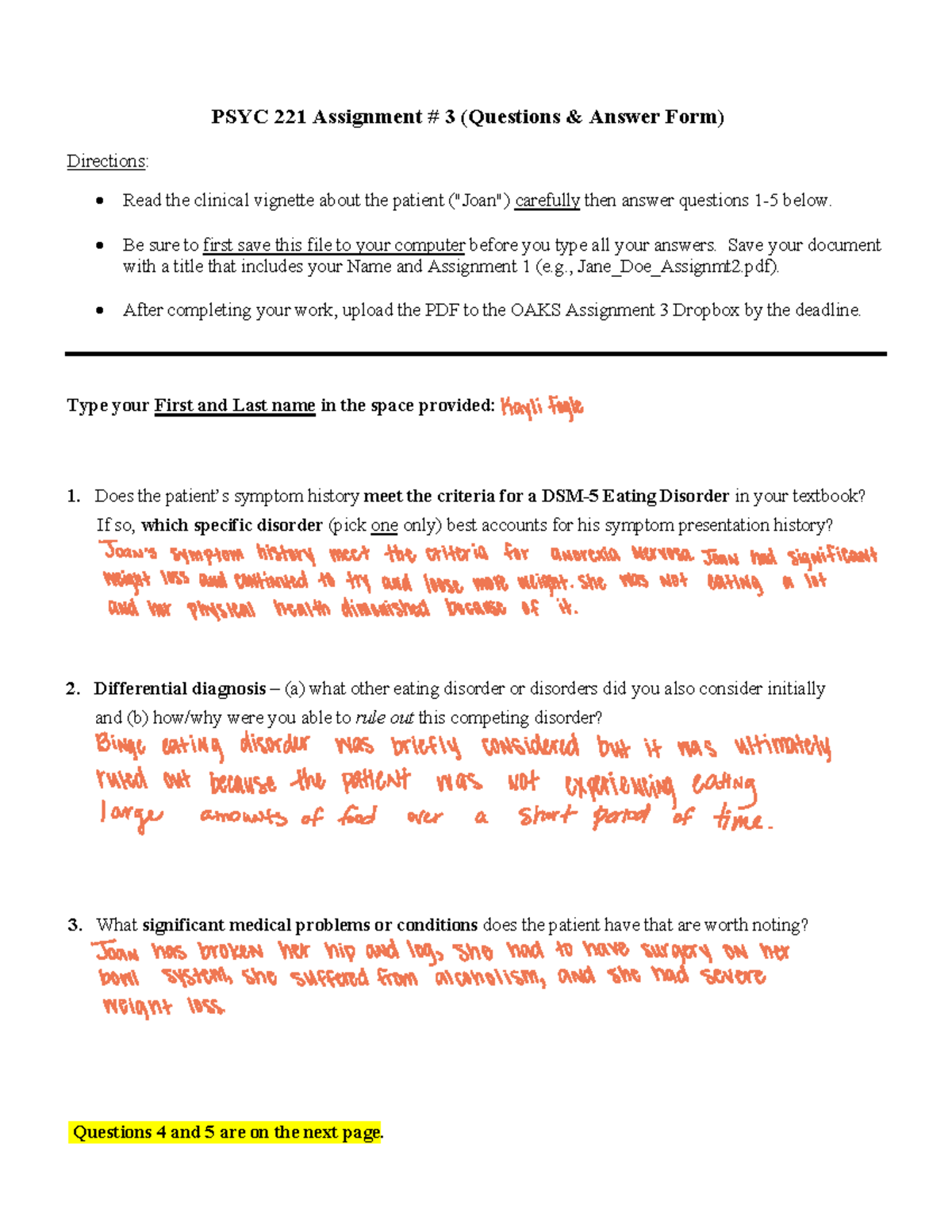 Assignment 3 Kayli Fogle - PSYC 221 Assignment # 3 (Questions & Answer Form) Directions: • Read ...