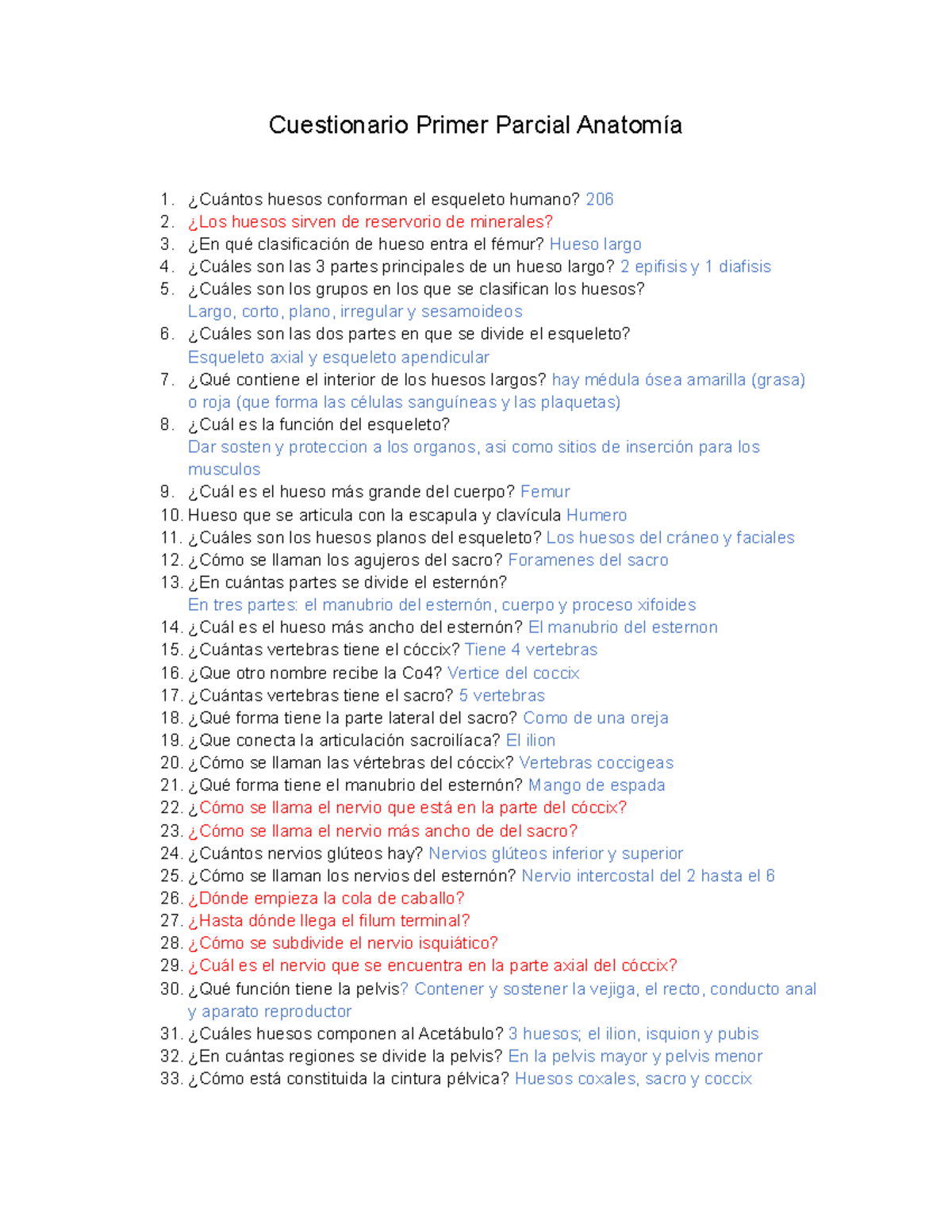 Banco de Preguntas Anatomia - Cuestionario Primer Parcial Anatomía ¿Cuántos huesos conforman el ...