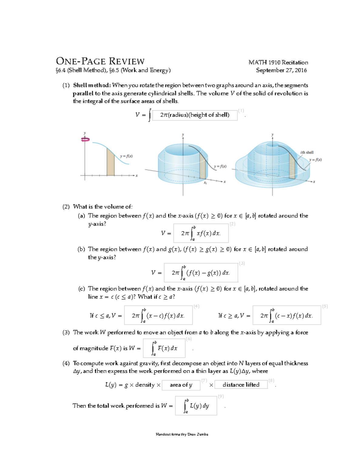1910f16-handout 07sol - ONE-PAGE REVIEW MATH 1910 Recitation §6 (Shell ...