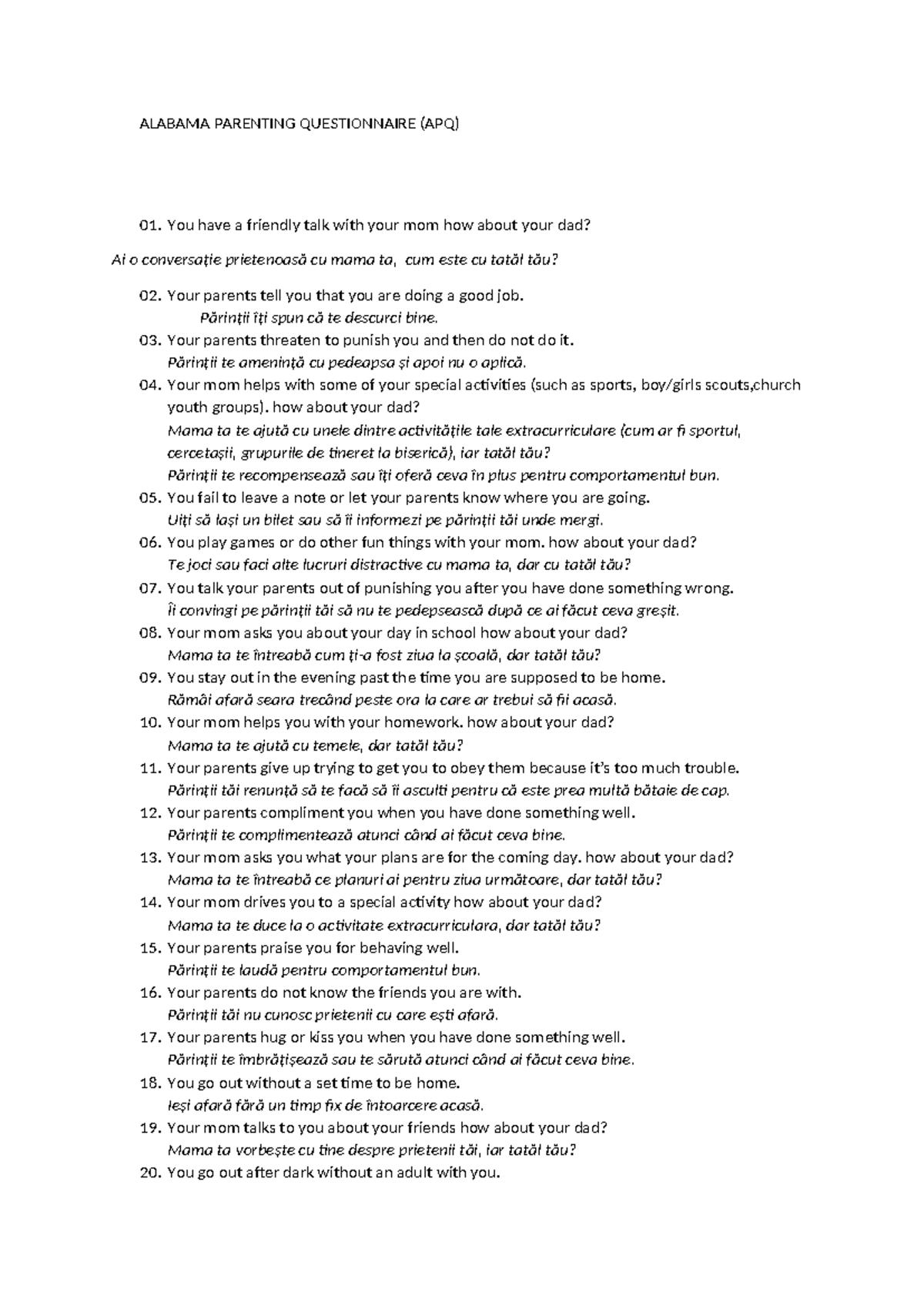 Alabama Parenting Questionnaire - ALABAMA PARENTING QUESTIONNAIRE (APQ ...