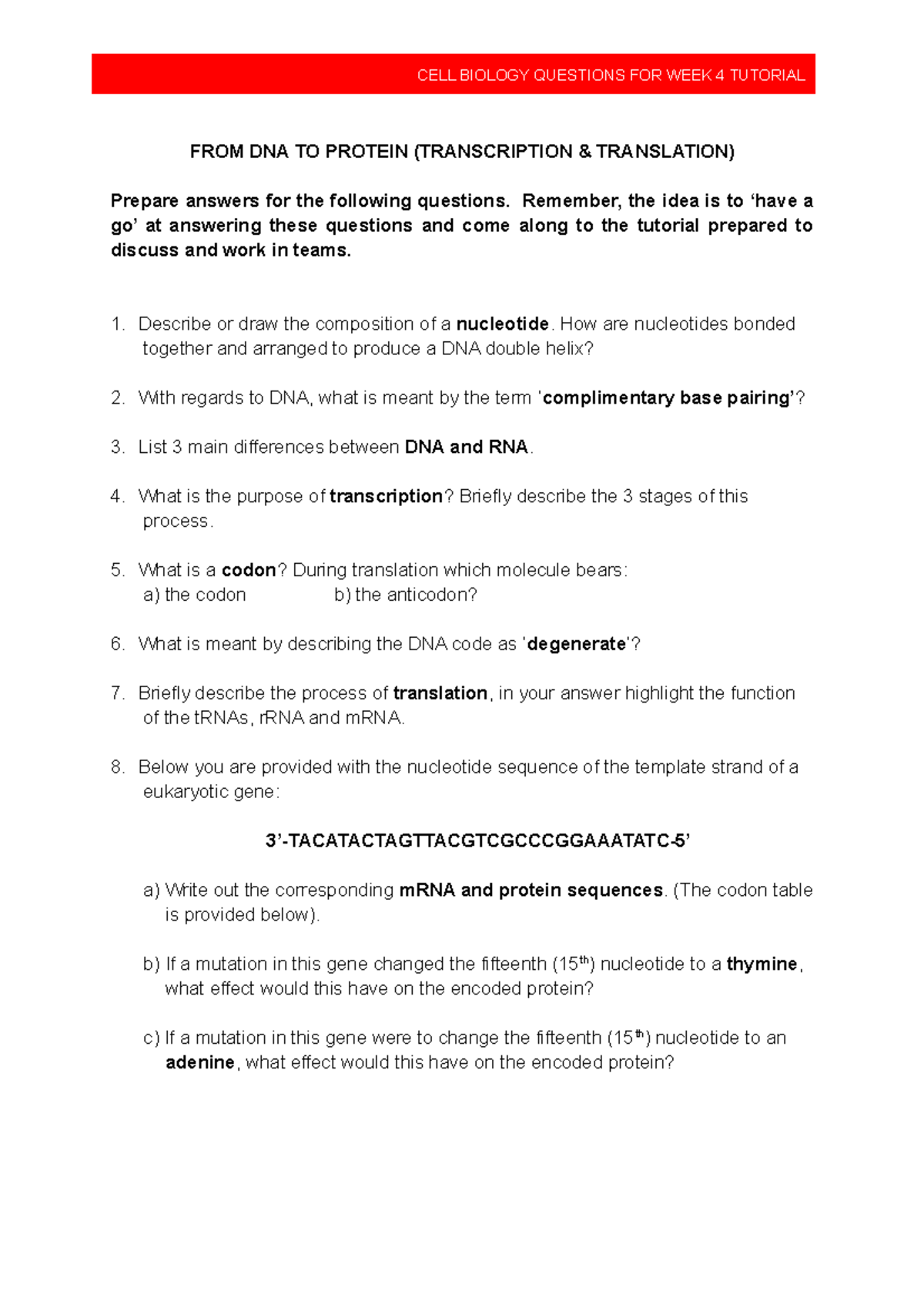 Week 4 Tutorial Questions 211 - CELL BIOLOGY QUESTIONS FOR WEEK 4 ...