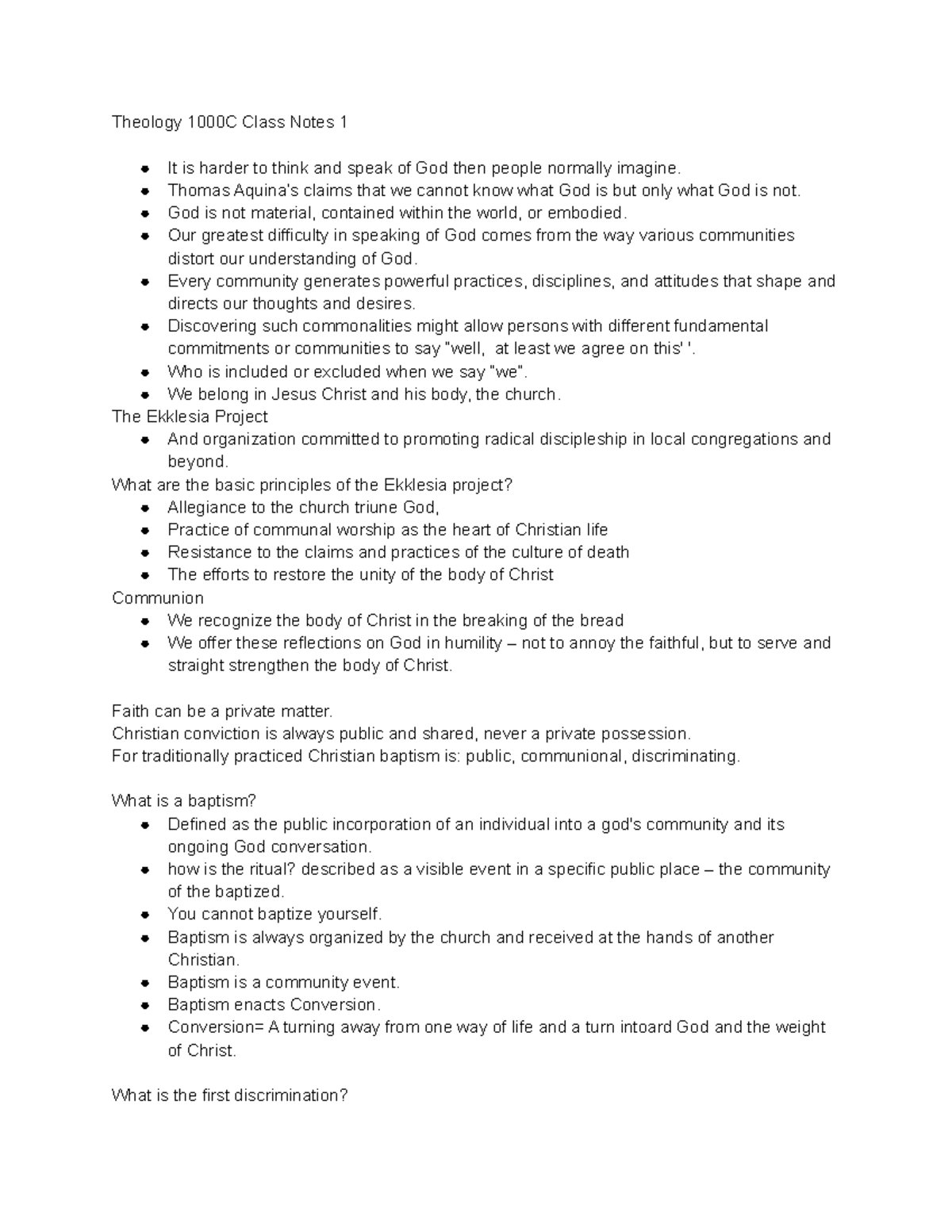 Theology 1000C class notes 1 - Theology 1000C Class Notes 1 It is ...