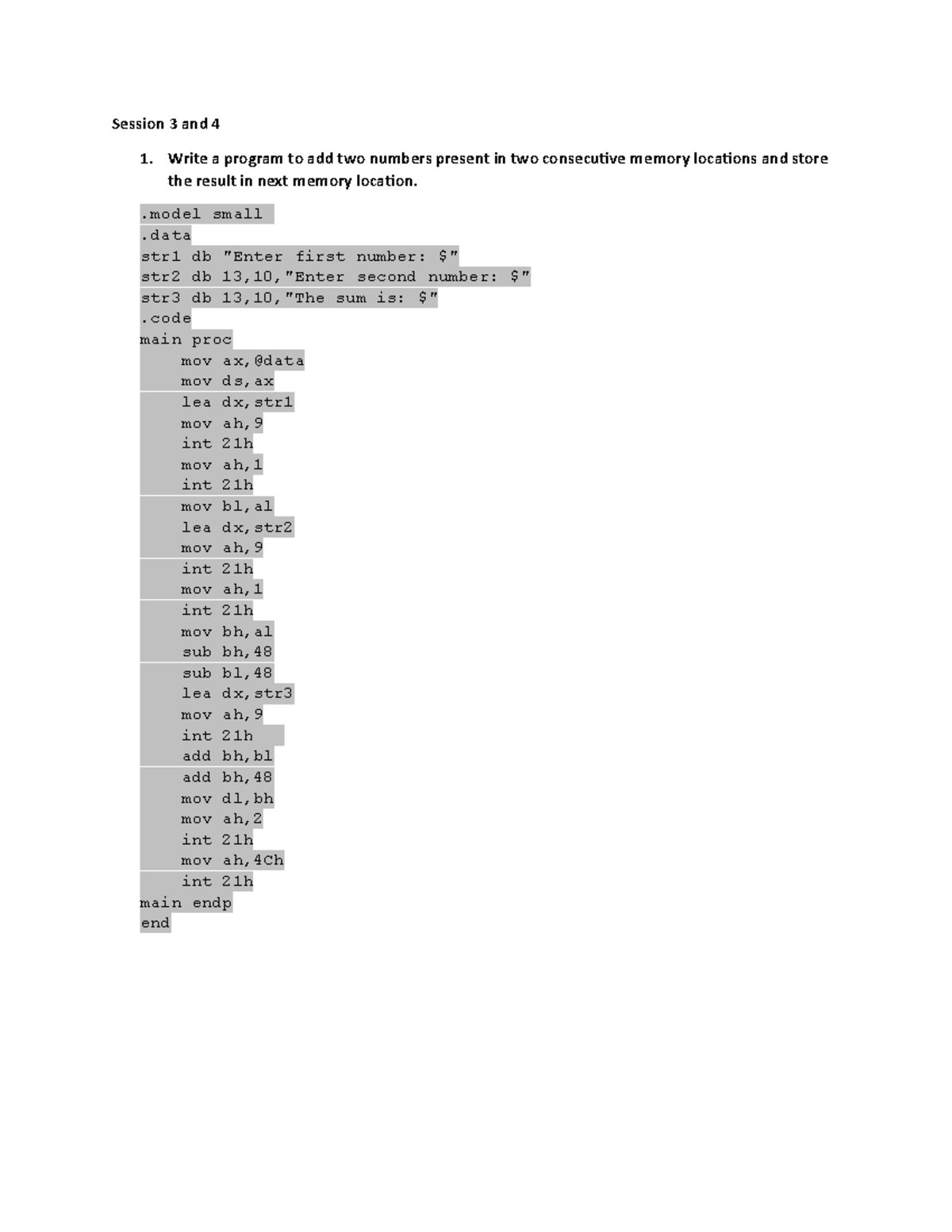 Assembly Lab This Is Lab Report Session 3 And 4 1 Write A Program To Add Two Numbers