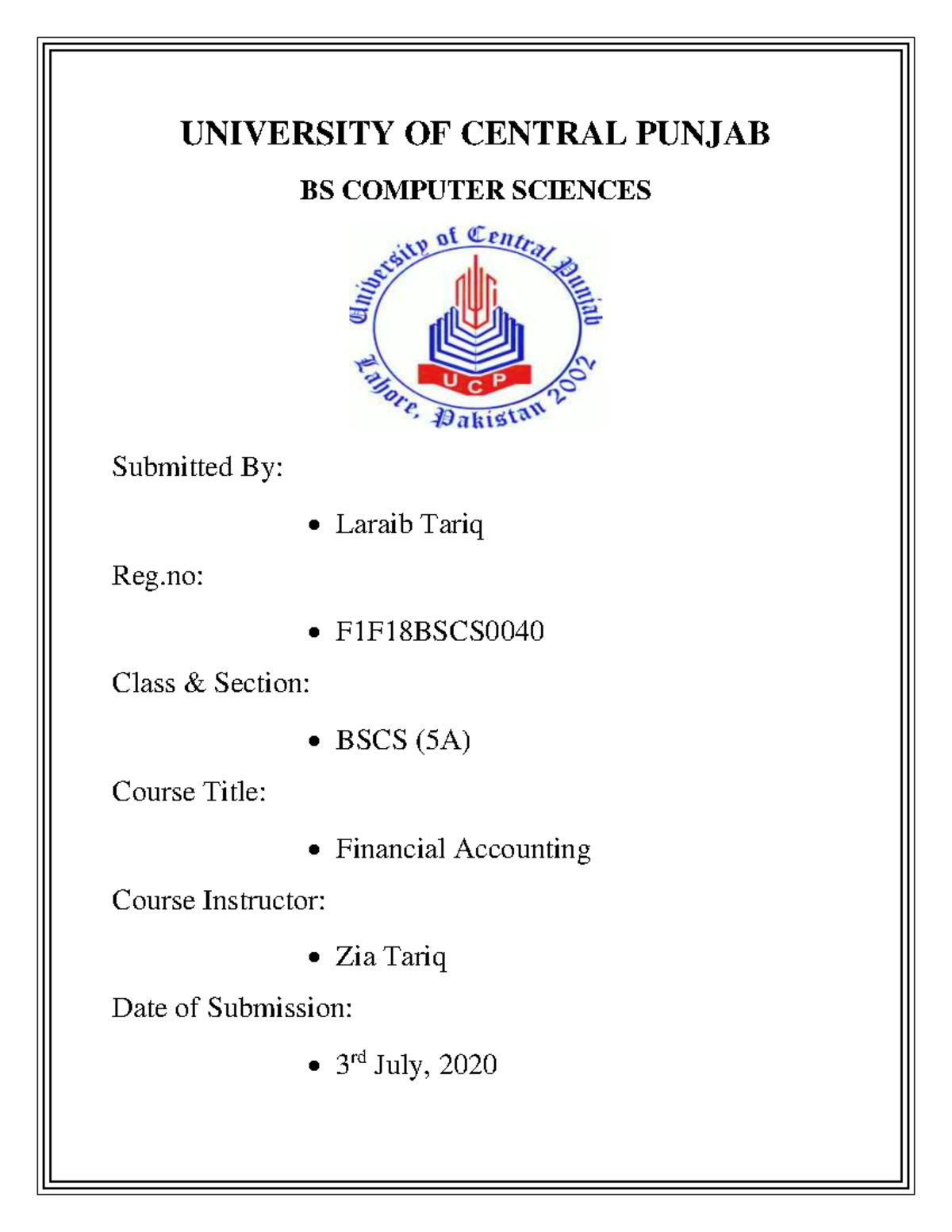 Assignment 4 - UNIVERSITY OF CENTRAL PUNJAB BS COMPUTER SCIENCES ...