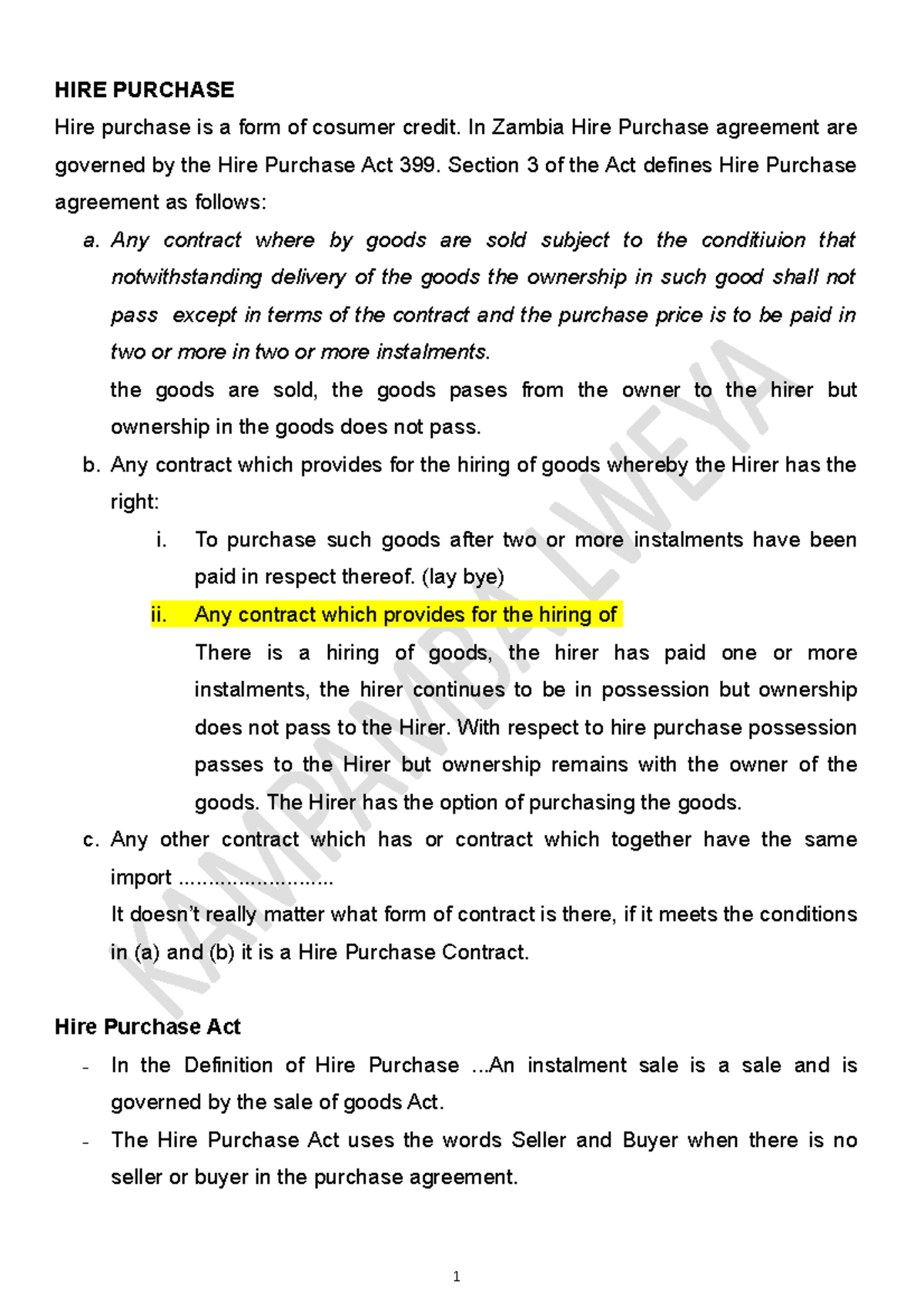 HIRE Purchase, Finance Leasing AND SALE OF Goods Notes - HIRE PURCHASE ...