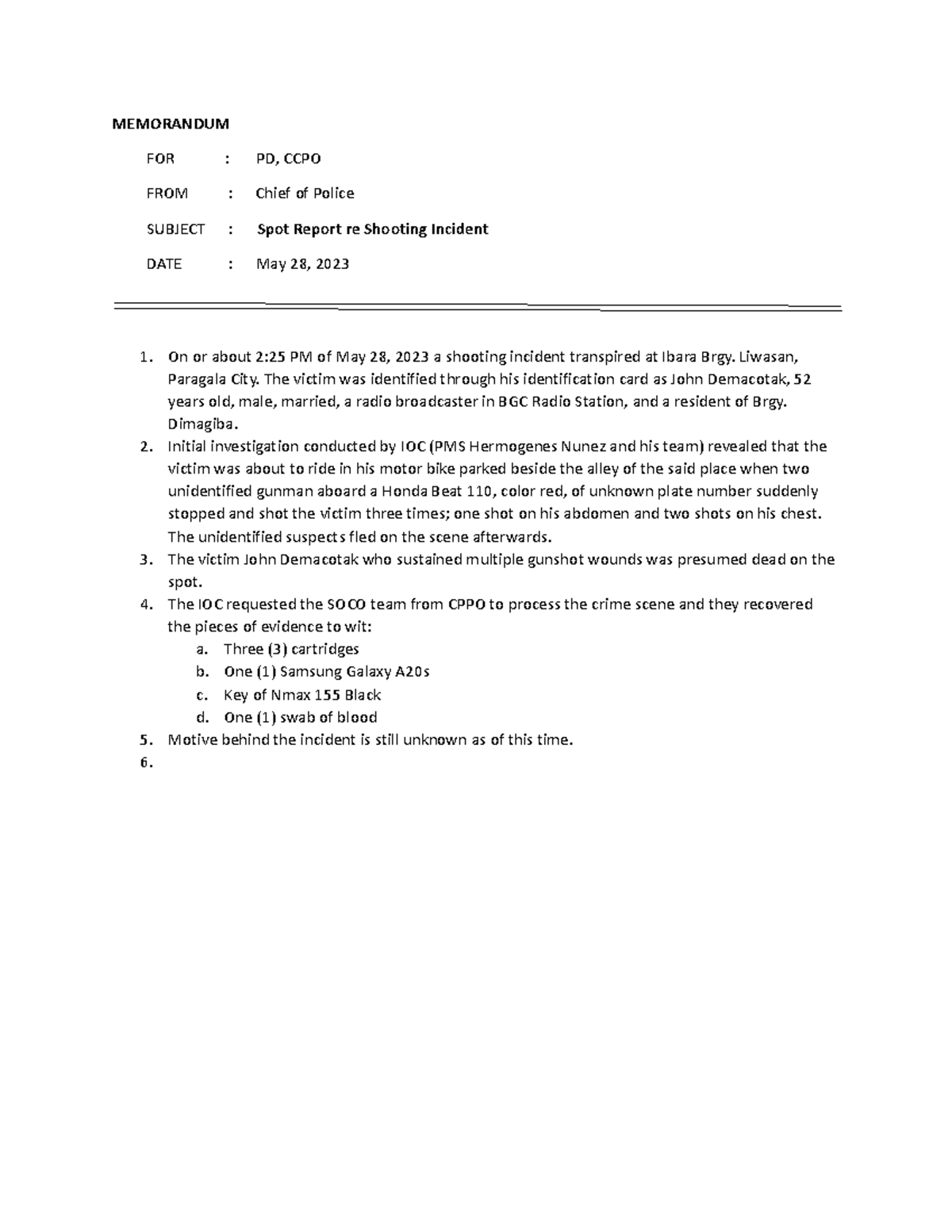 Crime Scene SPOT Report sample - MEMORANDUM FOR : PD, CCPO FROM : Chief ...