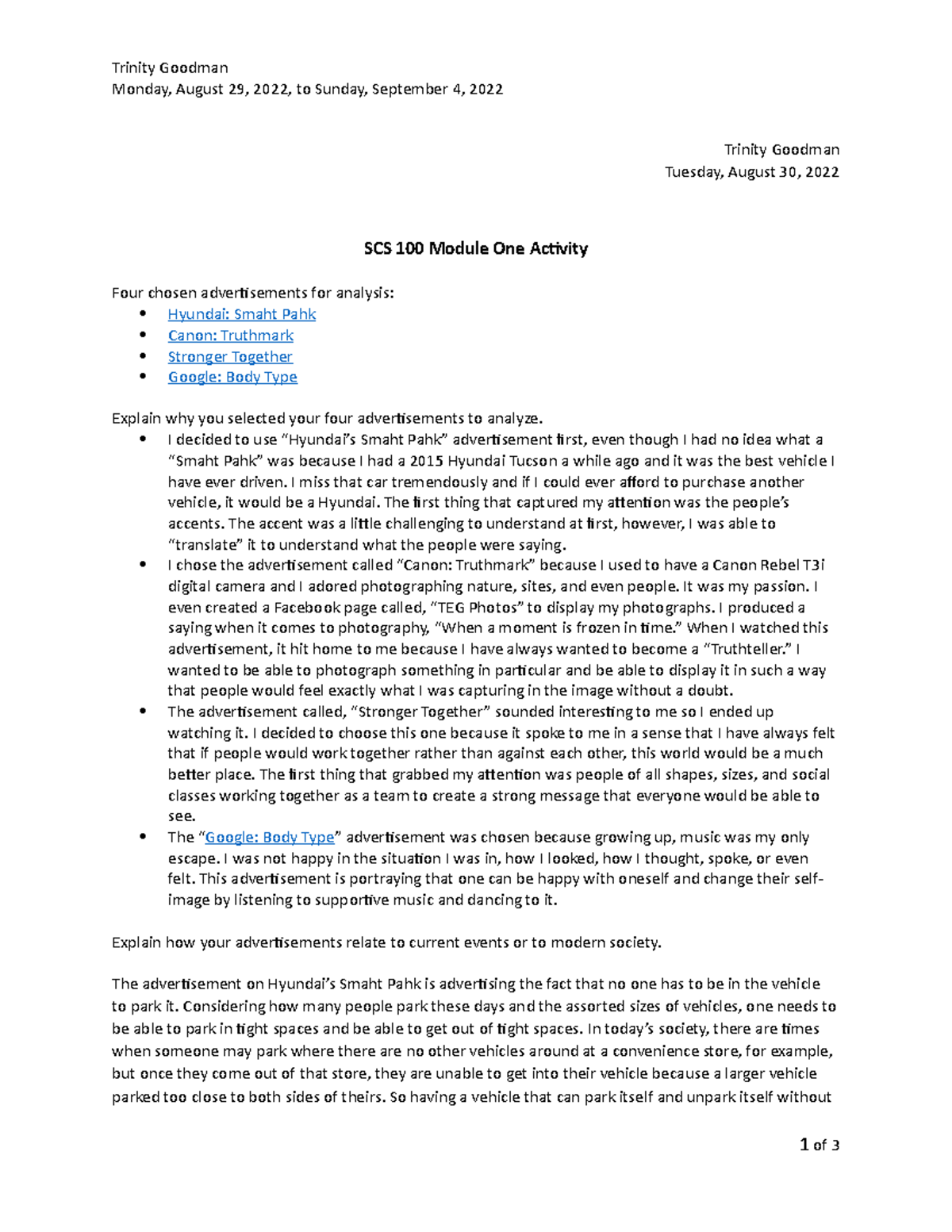 Goodman, Trinity SCS 100 Module One Activity - Trinity Goodman Monday ...