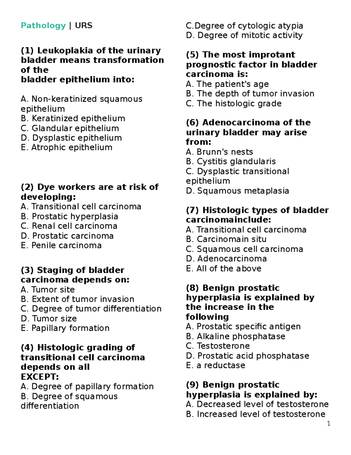 Patho URS -2 - Pathology | URS (1) Leukoplakia of the urinary bladder ...