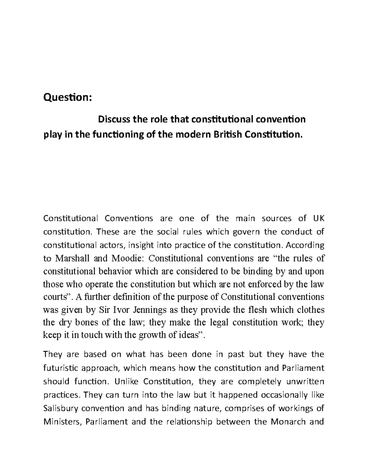 Public Law Constitutional Conventions - Question: Discuss the role that ...
