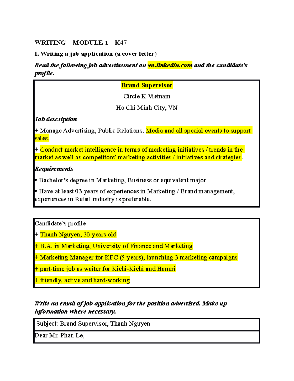 01- Writing mẫu SKDJsfj - WRITING – MODULE 1 – K I. Writing a job ...