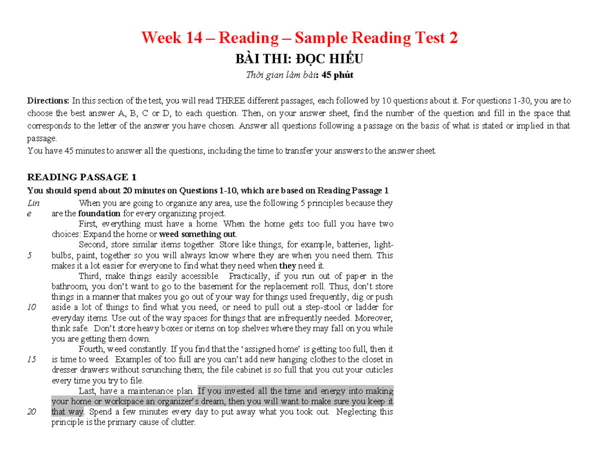 2.Sample reading test 2 45 minutes - Week 14 – Reading – Sample Reading ...