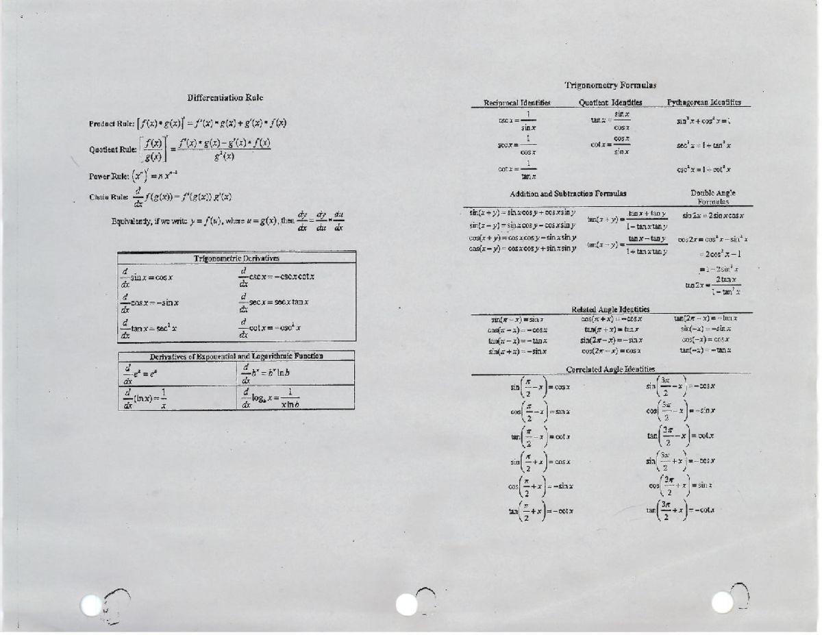 Formula Sheet - MATH 275 - Studocu