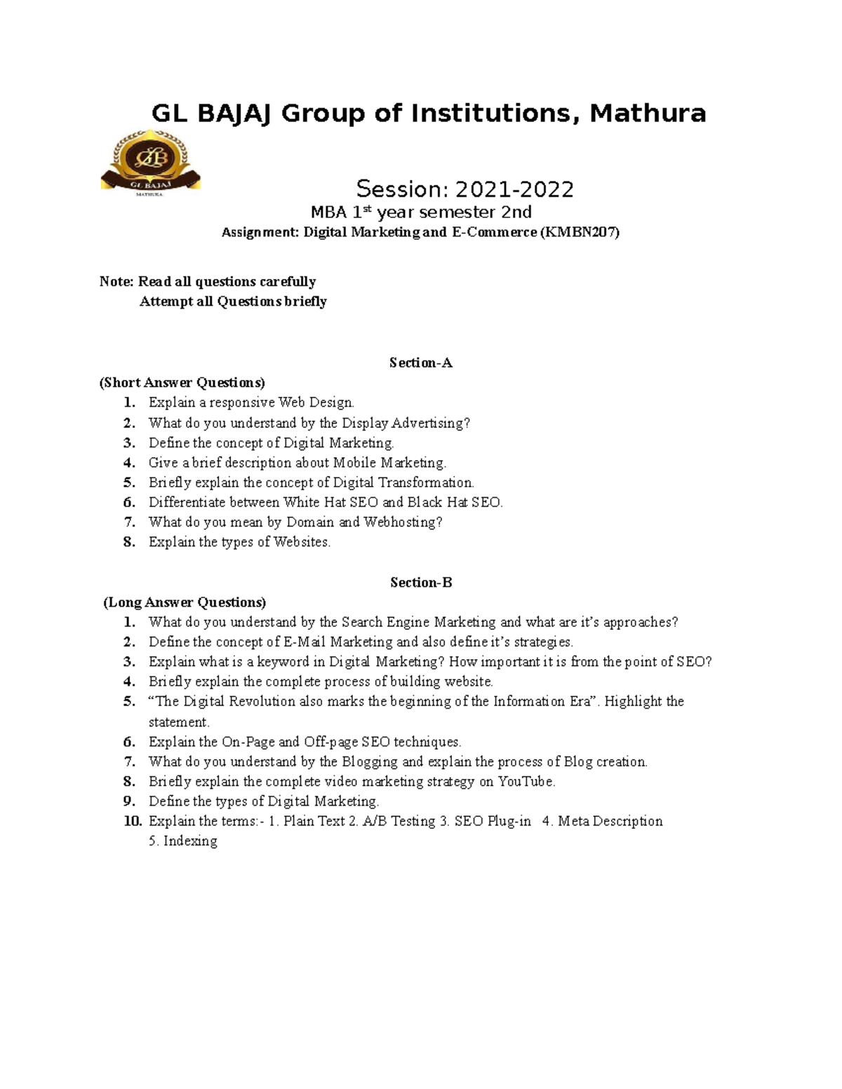 KMBN 207 - only notes - GL BAJAJ Group of Institutions, Mathura Session ...