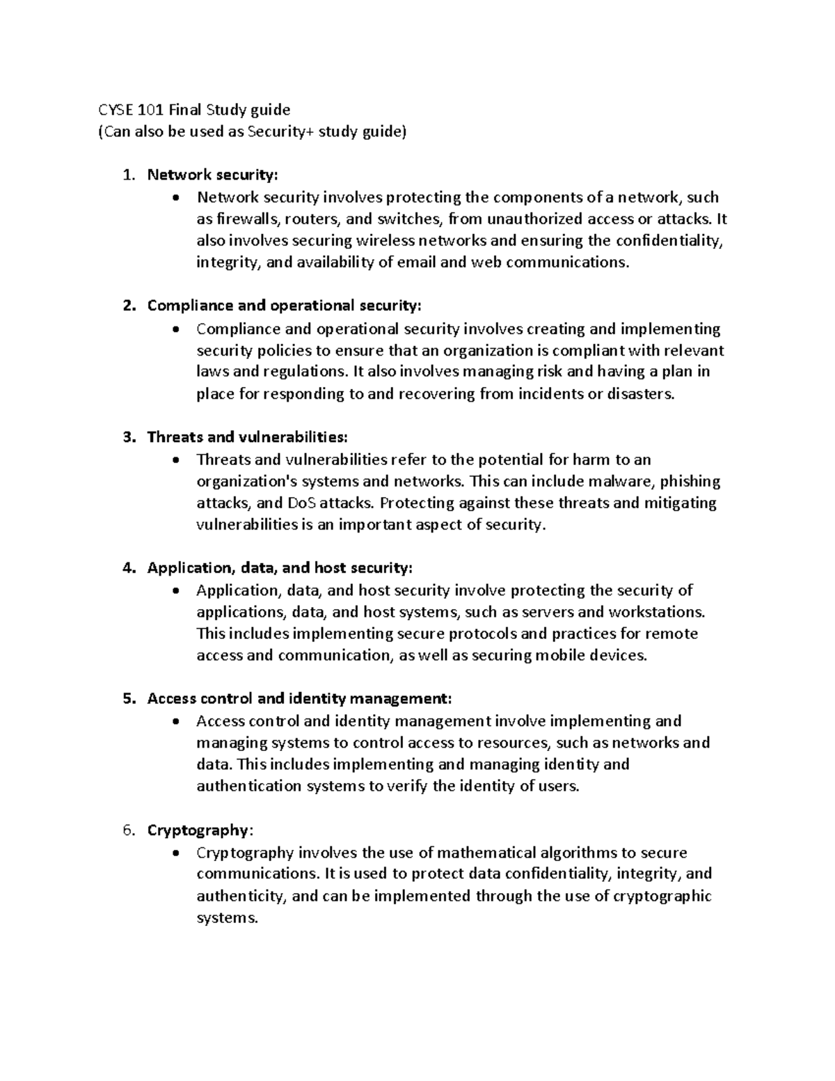 CYSE 101 Final Study guide - CYSE 101 Final Study guide (Can also be used as Security+ study ...