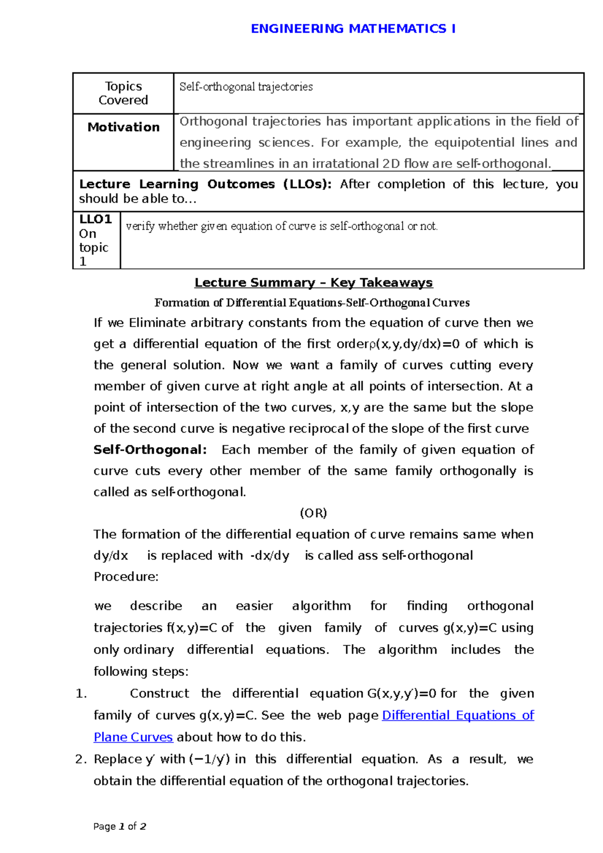 Self-orthogonal trajectories - ENGINEERING MATHEMATICS I Topics Covered ...