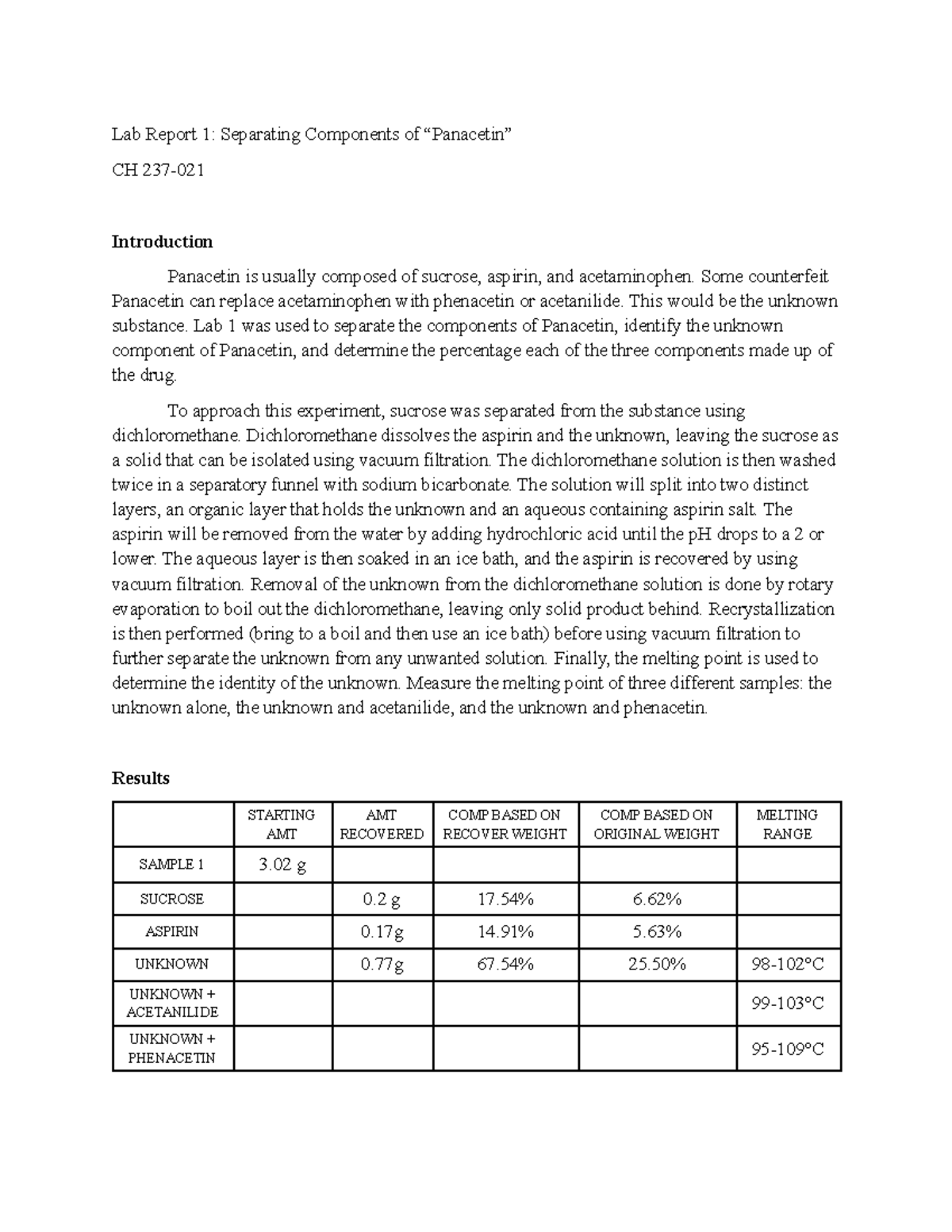 CH 237 - Lab Report 1 - Lab Report 1: Separating Components of ...
