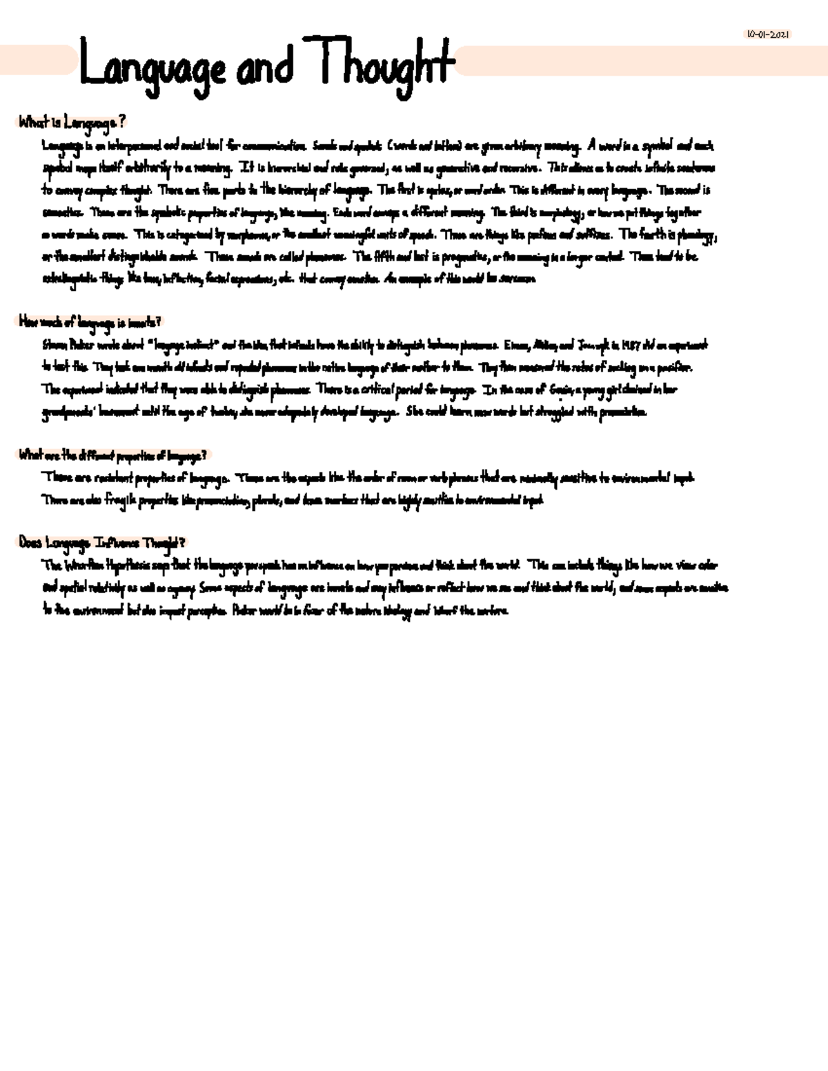 Language and Thought - Handwritten Notes - Language and Thought ...
