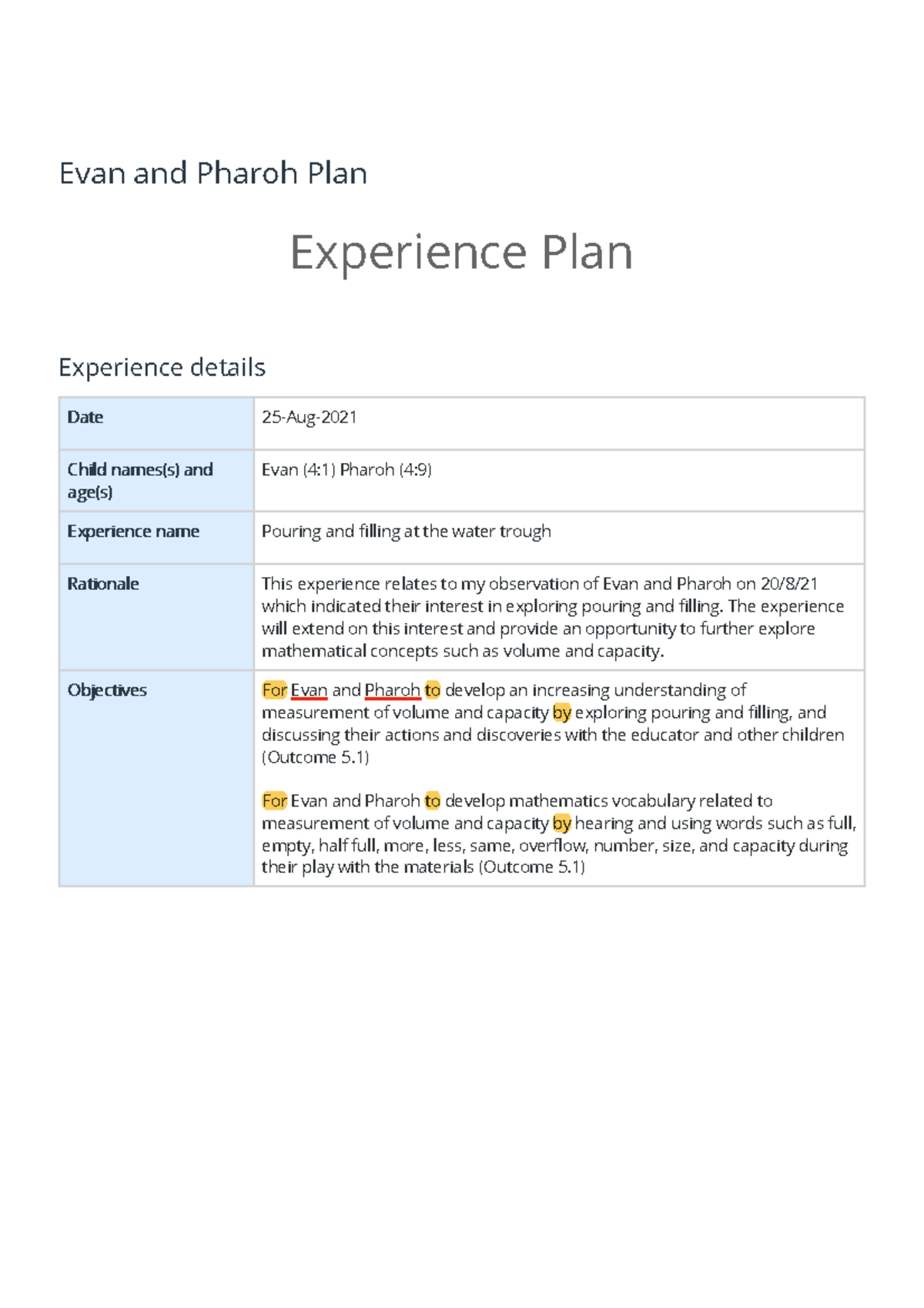 Evan and Pharoh Plan - Evan and Pharoh Plan Experience details DateDate ...