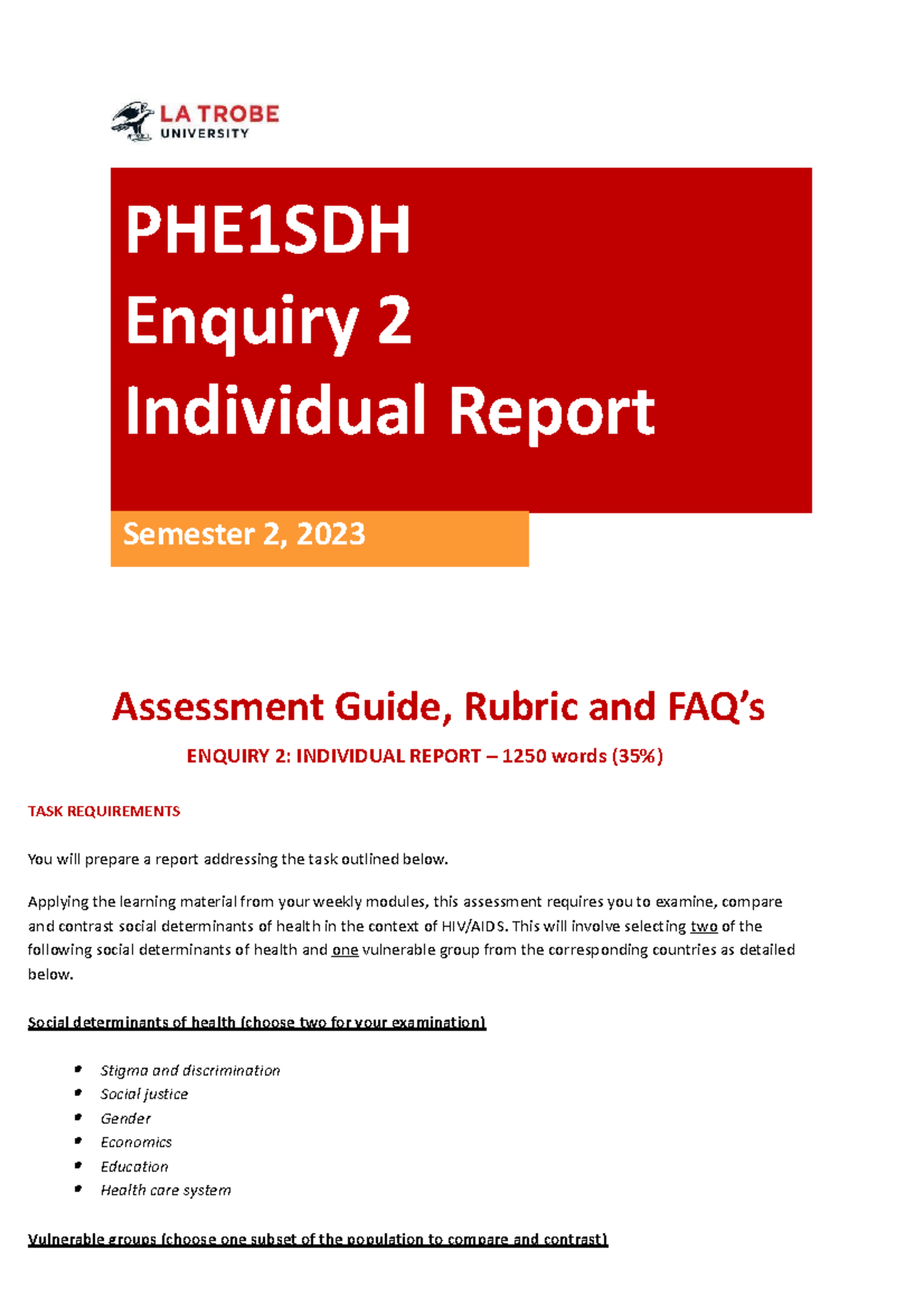 PHE1SDH Enquiry 2 Individual Report Assessment Guide, Rubric FAQs - Assessment Guide, Rubric and ...