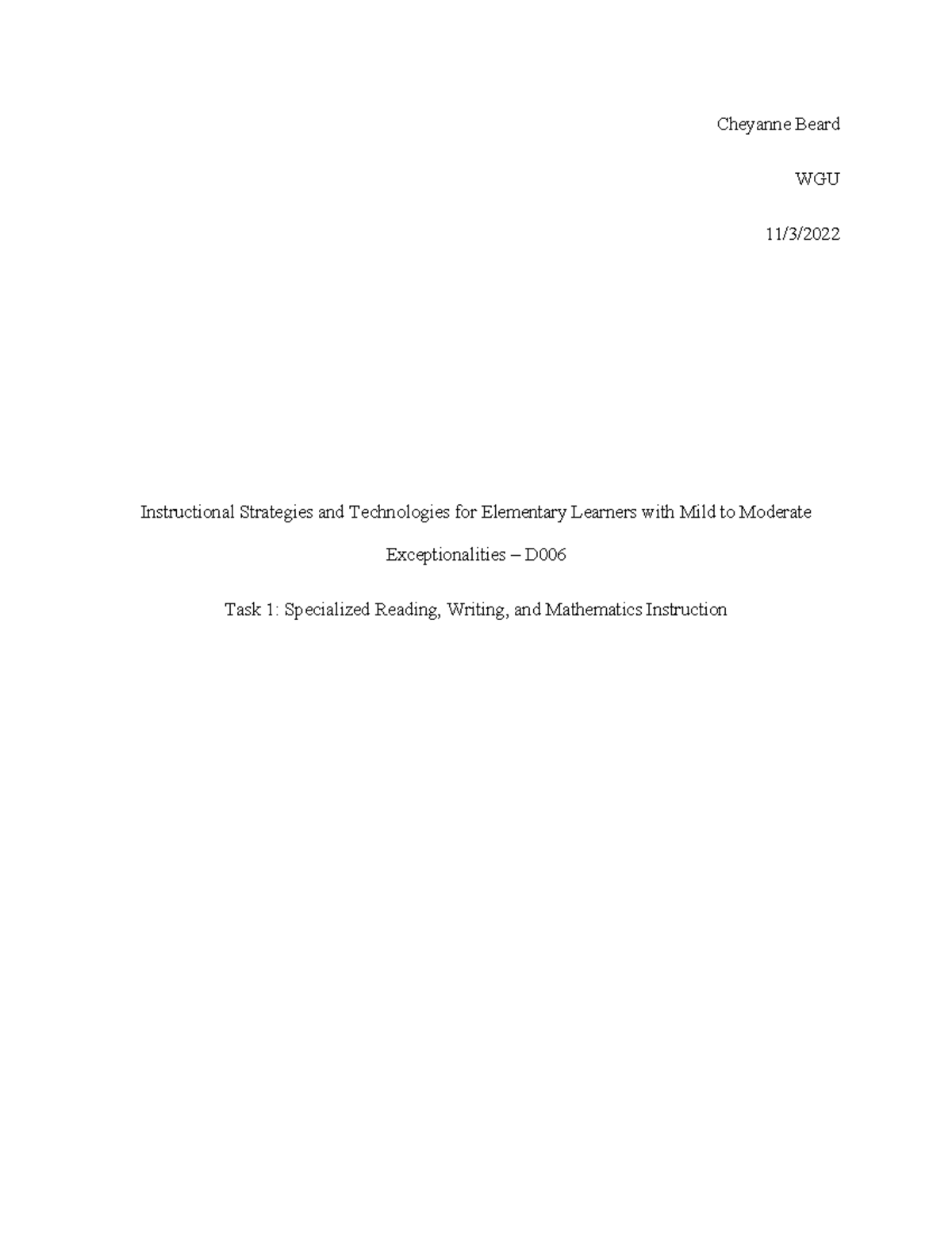 D006 Task 1 - Objective Assessment for Task 1 example. - Cheyanne Beard ...