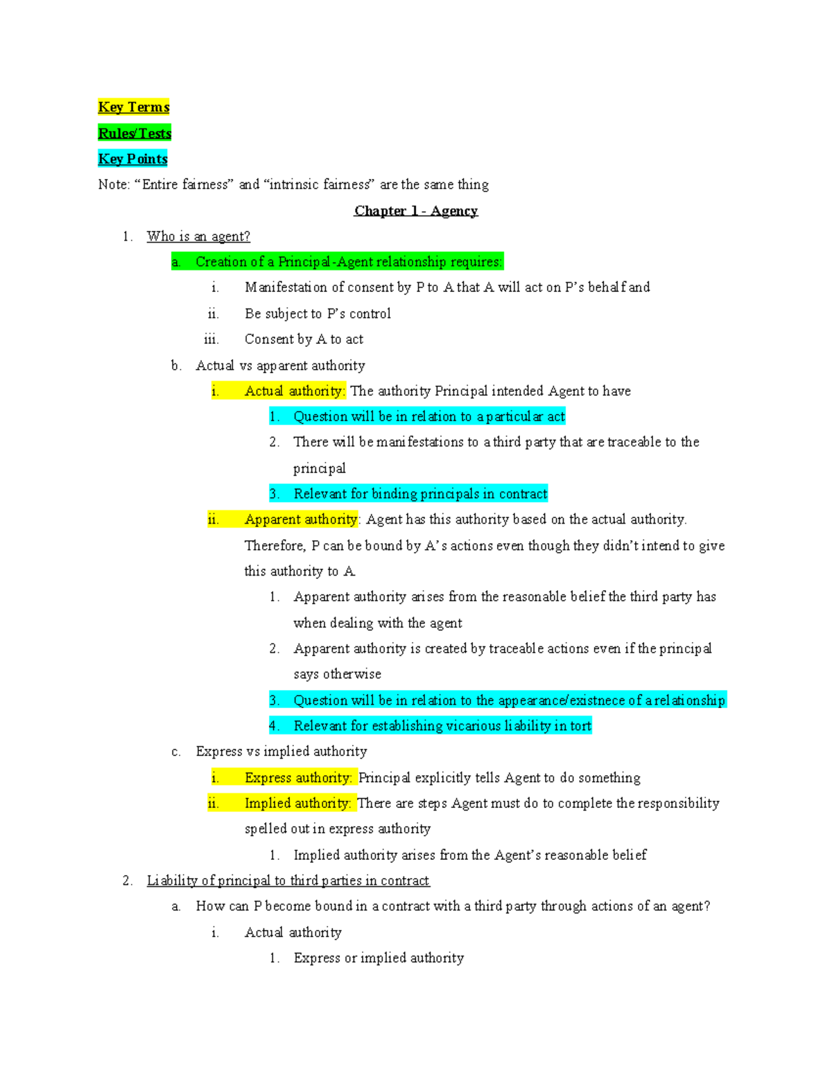 Business Associations Outline - Key Terms Rules/Tests Key Points Note ...