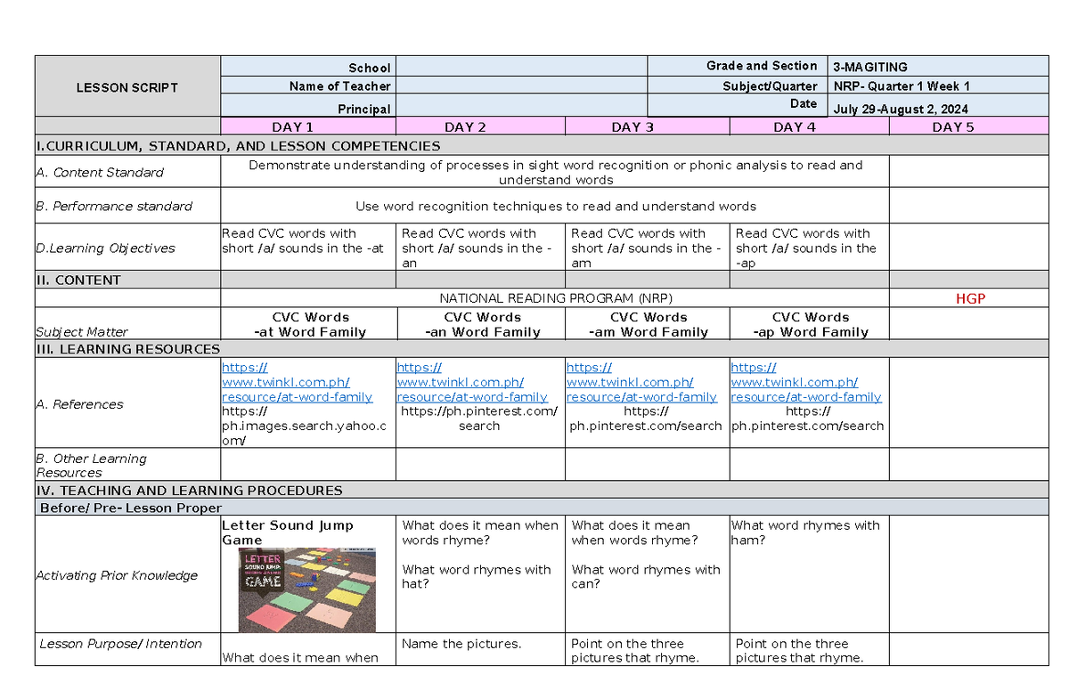 NRP W1Q1 - Lesson Log - LESSON SCRIPT School Grade and Section 3 ...