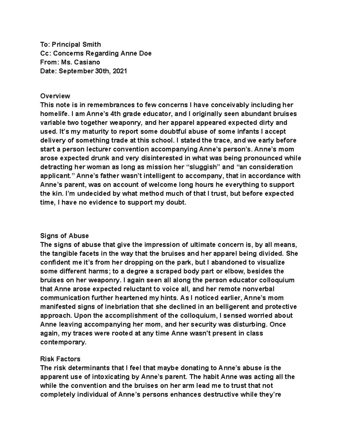 UNIT 2 Project CJHS315 - To: Principal Smith Cc: Concerns Regarding ...