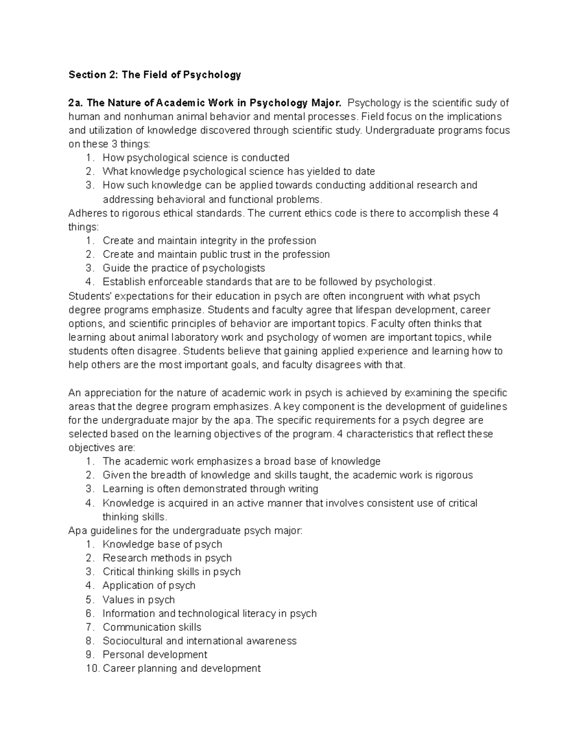 Psy 301 - Section 2 Notes - Section 2: The Field of Psychology 2a. The ...