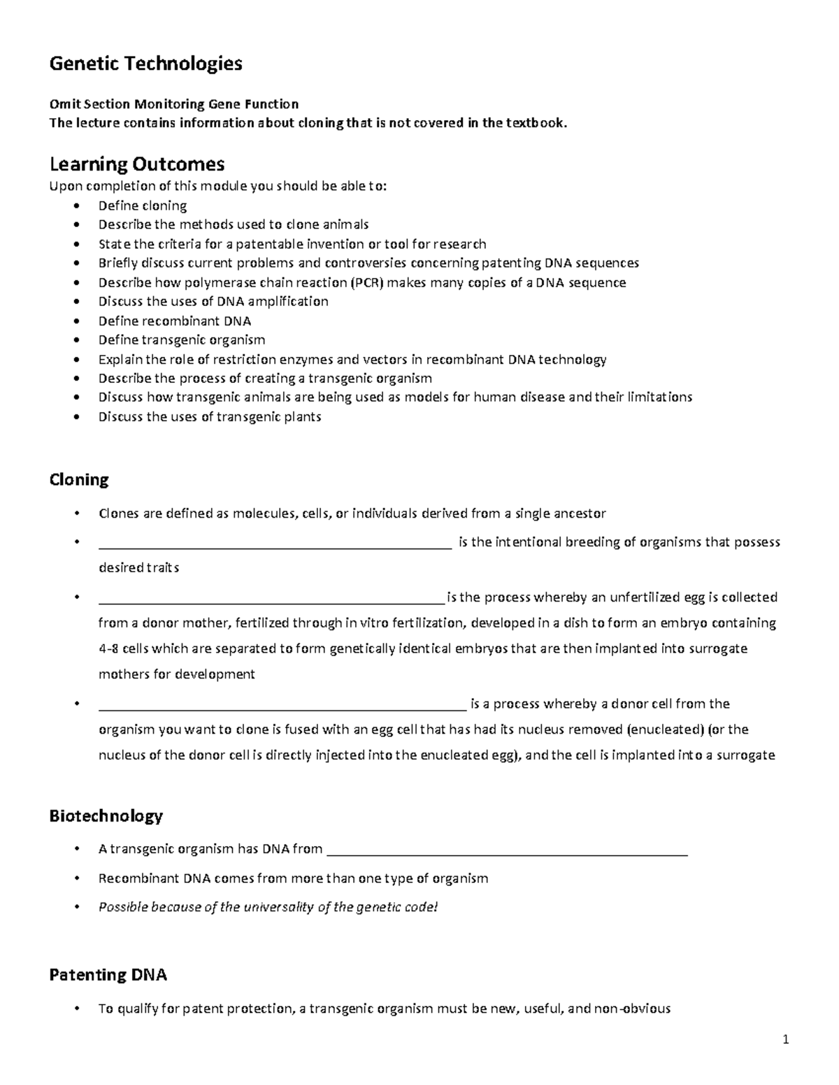 Mod 7 Genetic Technologies Notes - 1 Genetic Technologies Omit Section ...