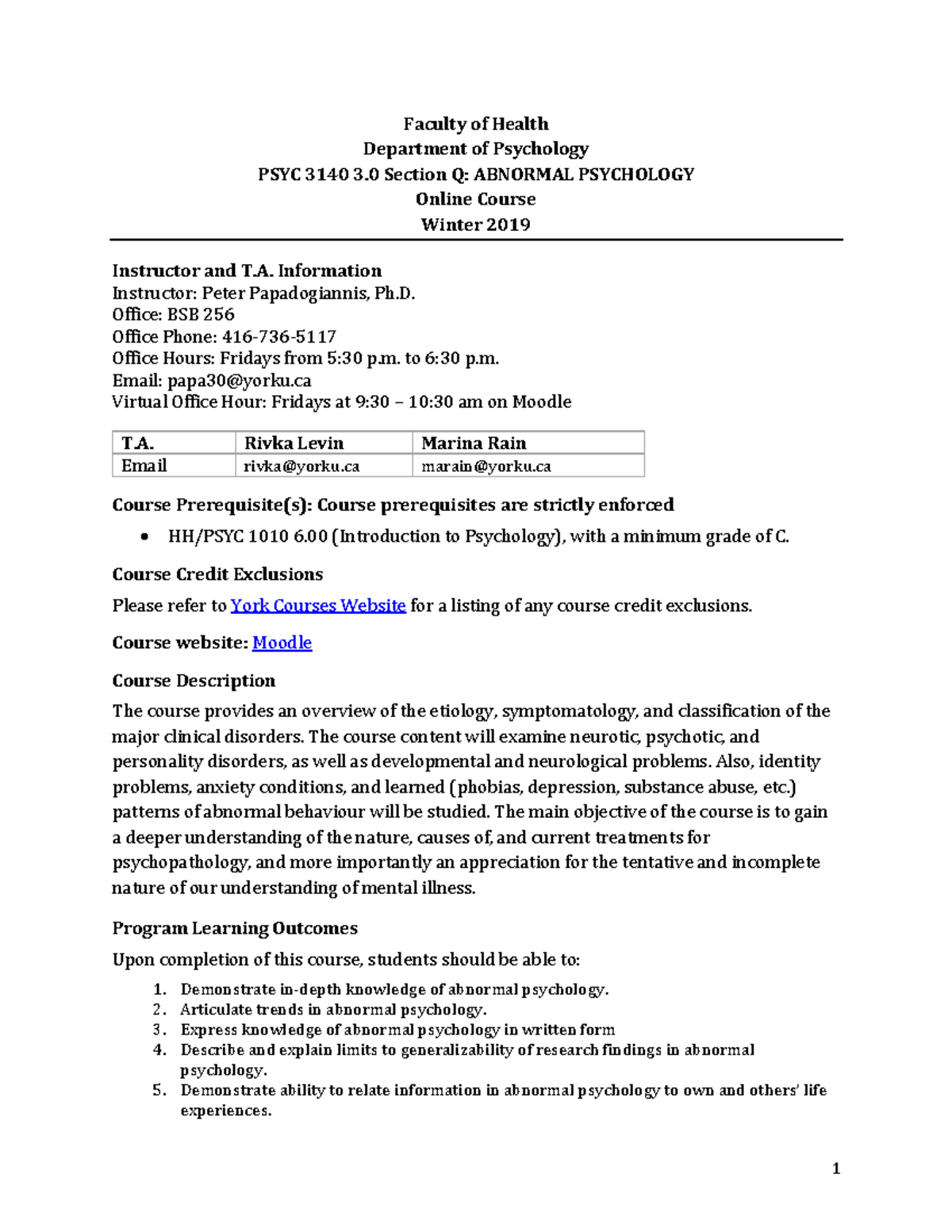 PSYC-3140 - outline - Faculty of Health Department of Psychology PSYC ...