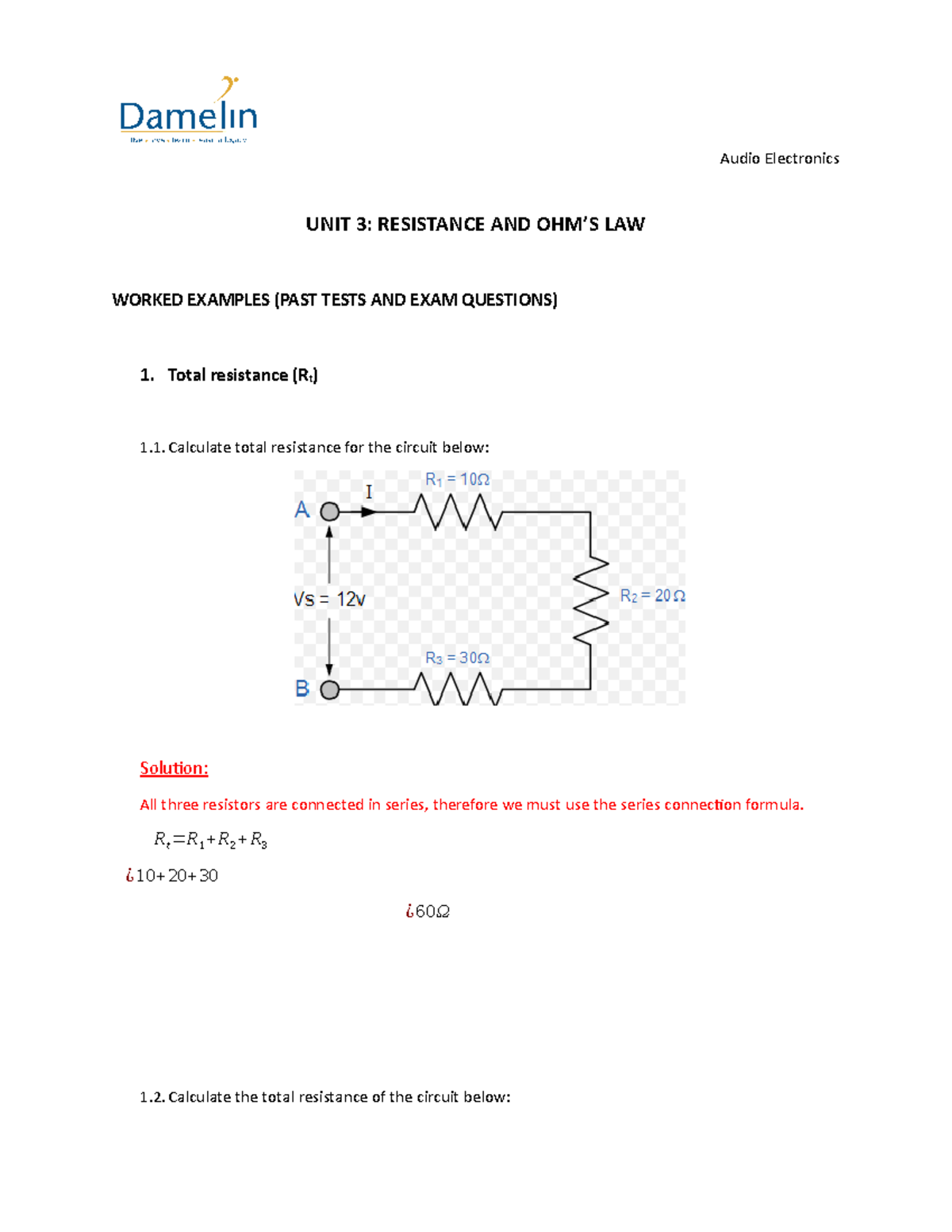 Worked examples - UNIT 3: RESISTANCE AND OHM’S LAW WORKED EXAMPLES ...
