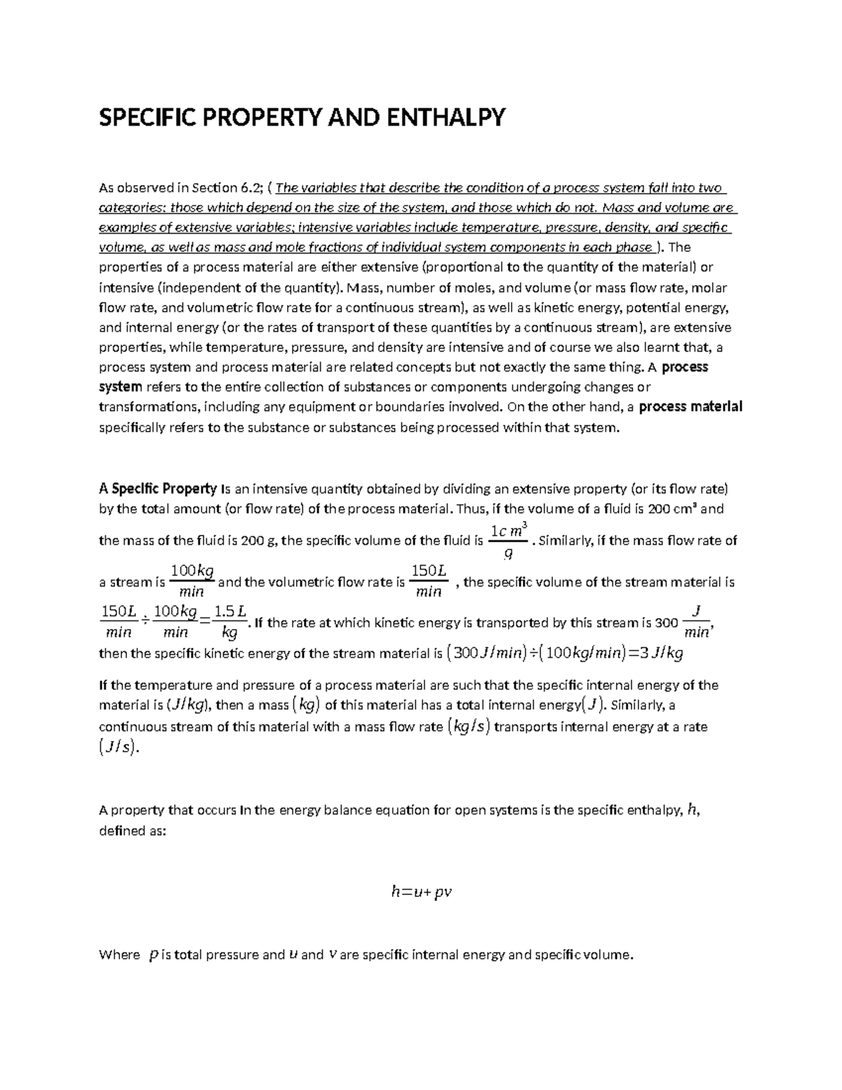 Specific Properties and Enthalpy - SPECIFIC PROPERTY AND ENTHALPY As ...