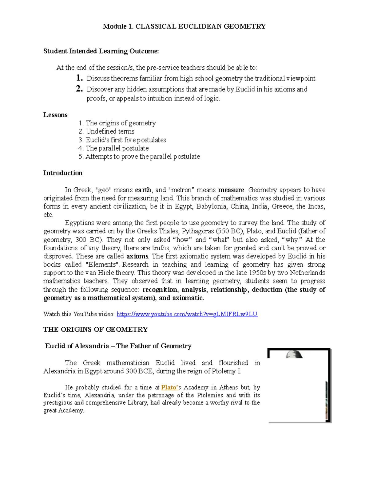Module 1. Classical Euclidian Geometry - Module 1. CLASSICAL EUCLIDEAN GEOMETRY Student Intended ...