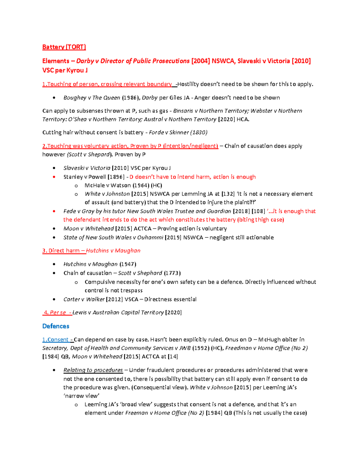 Torts notes structure example (Battery) - Battery (TORT) Elements ...