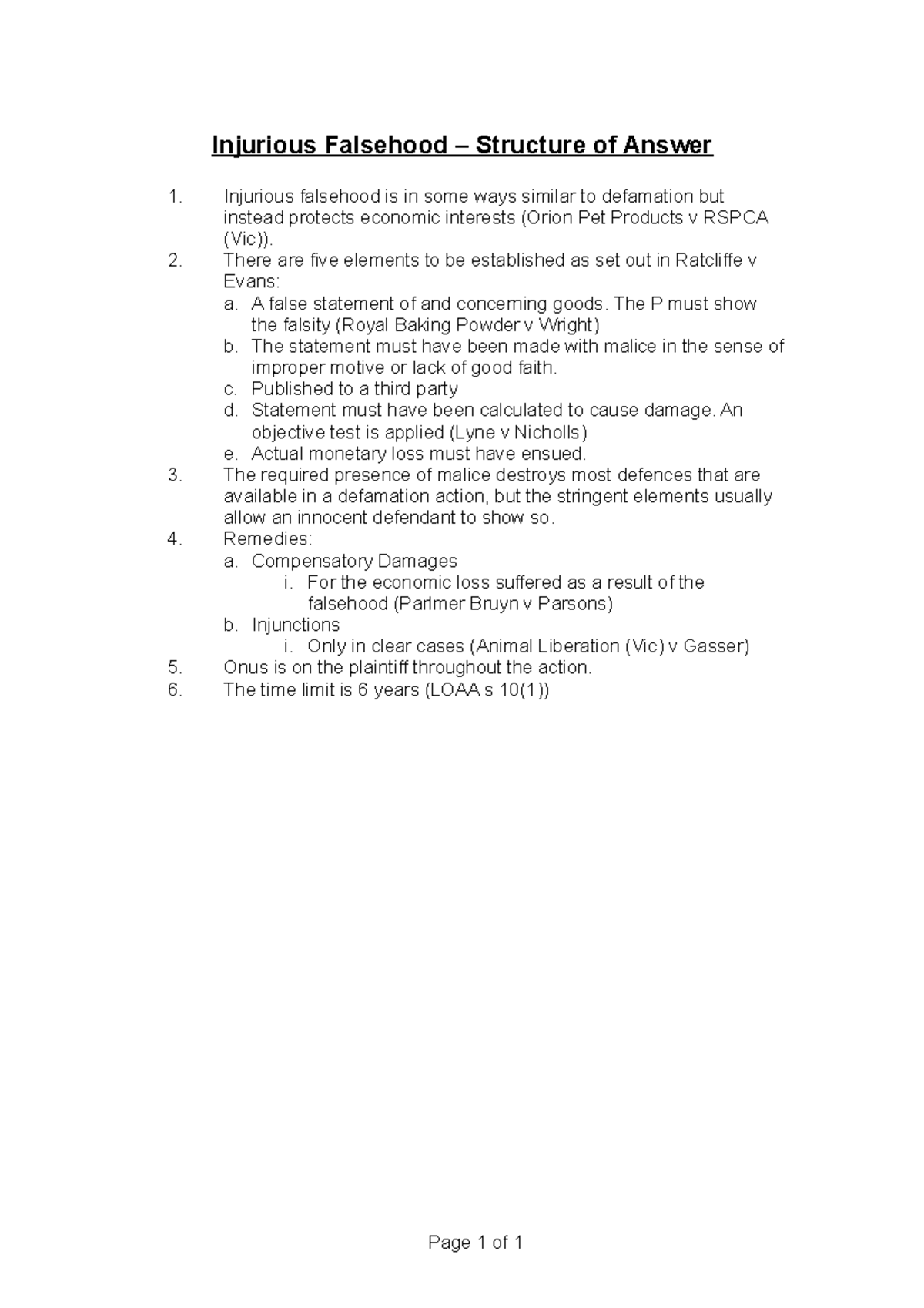 Injurious Falsehood - NOTES - Injurious Falsehood – Structure of Answer ...