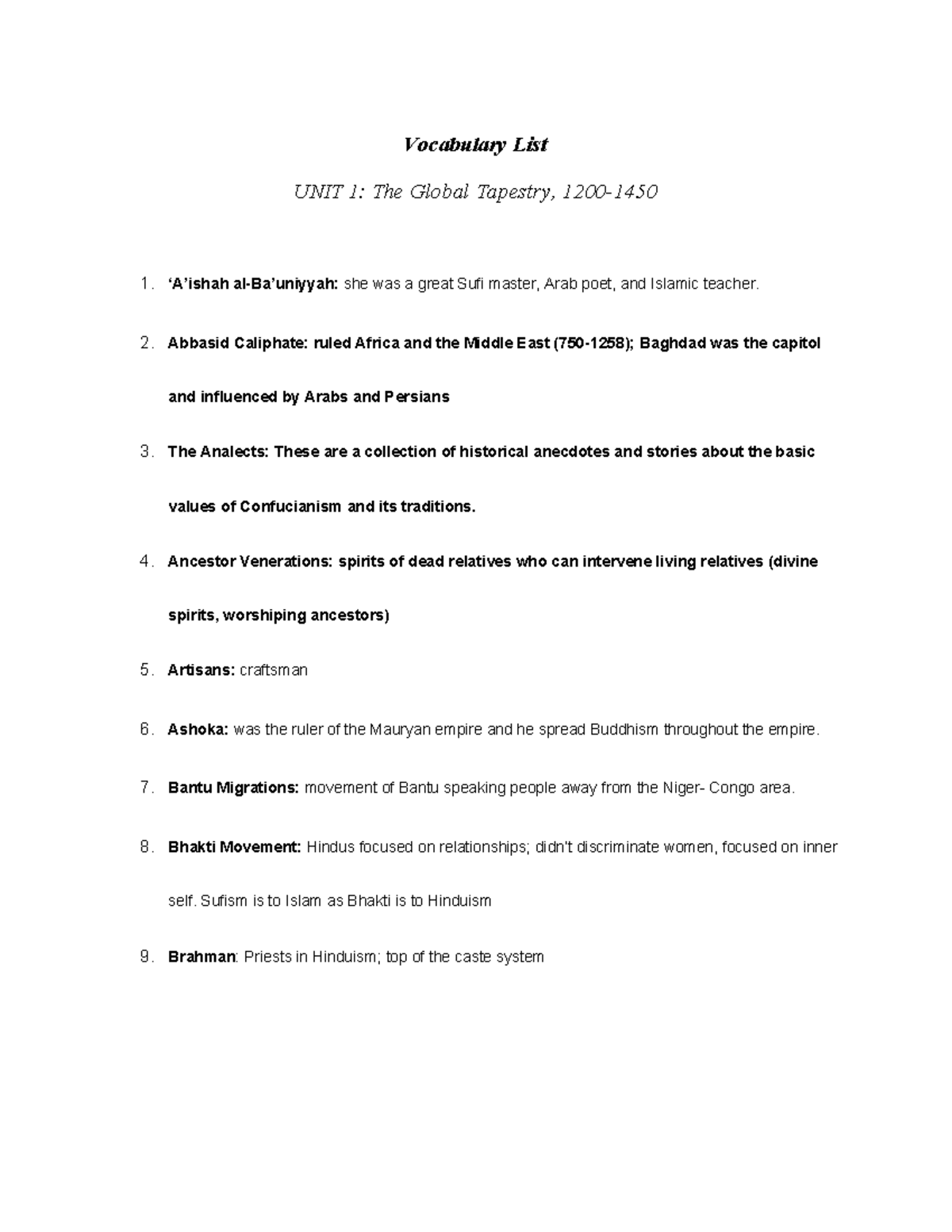 Unit 1 Vocab List -done - Vocabulary List UNIT 1: The Global Tapestry ...