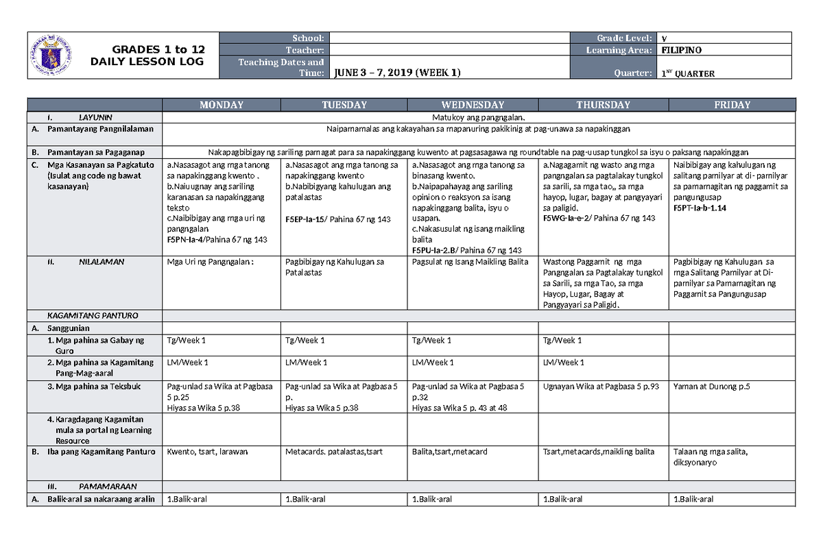 DLL Filipino 5 Q1 W1WEDRW - GRADES 1 to 12 DAILY LESSON LOG School ...