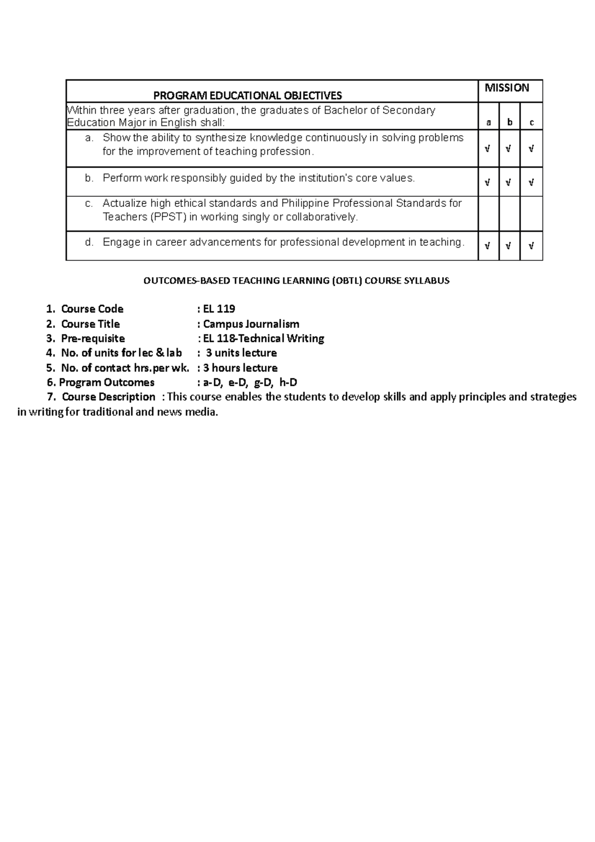 Syllabus - Campus Journalism - PROGRAM EDUCATIONAL OBJECTIVES MISSION ...