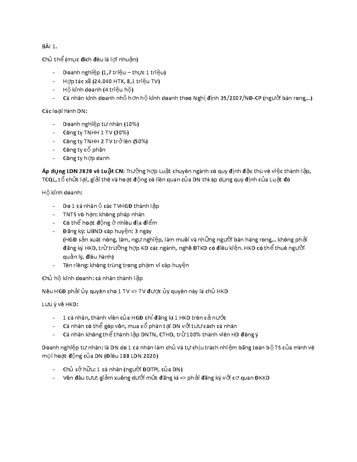 LDN - fjksdbfbesflkjfea - BÀI 1. Ch ủ th ể (m ục đích đềều là l ợi nhu ận) - Doanh nghi ệp (1,7 ...