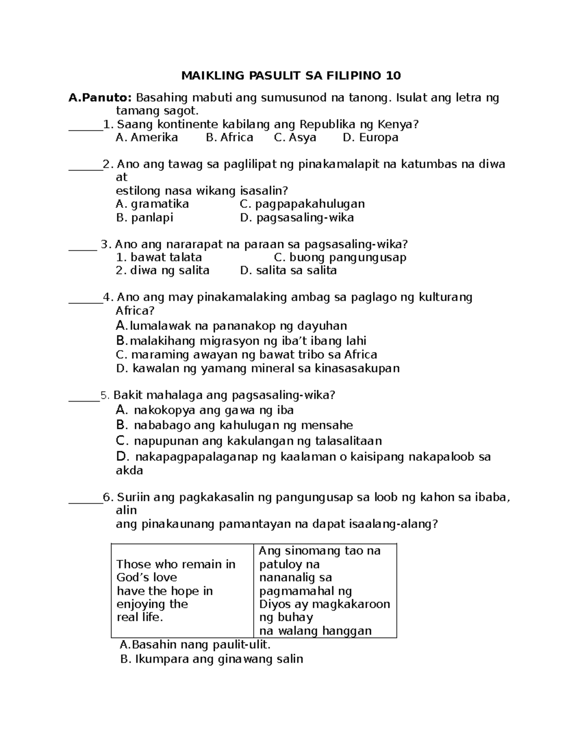 G10-Fil-Chapter Test - Practice test of the students - MAIKLING PASULIT ...