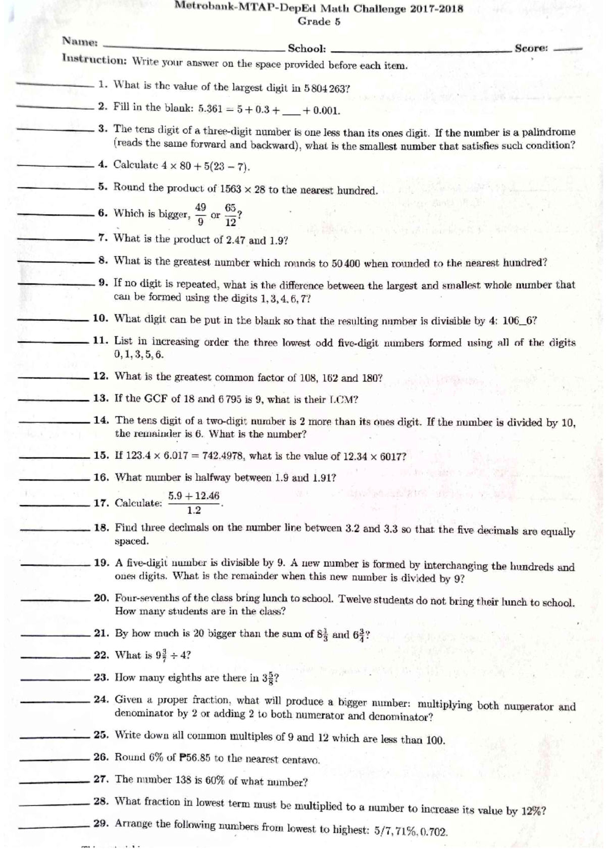 442468715 2018 Mtap Elimination Round Grade 5 Questions With Answer Key ...